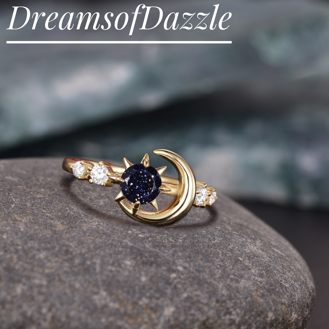 Nature Inspired Galaxy Blue Sandstone Engagement Ring, Moon Star Design ...