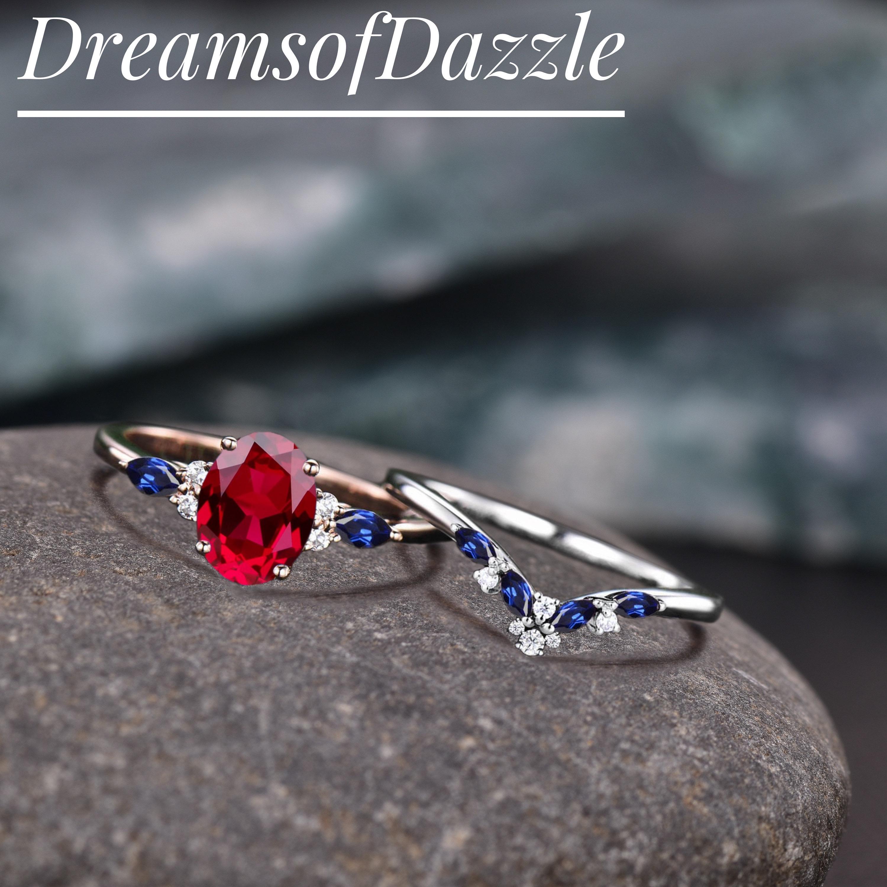Vintage Oval Red Ruby Engagement Ring Set, Antique Unique Cluster ...