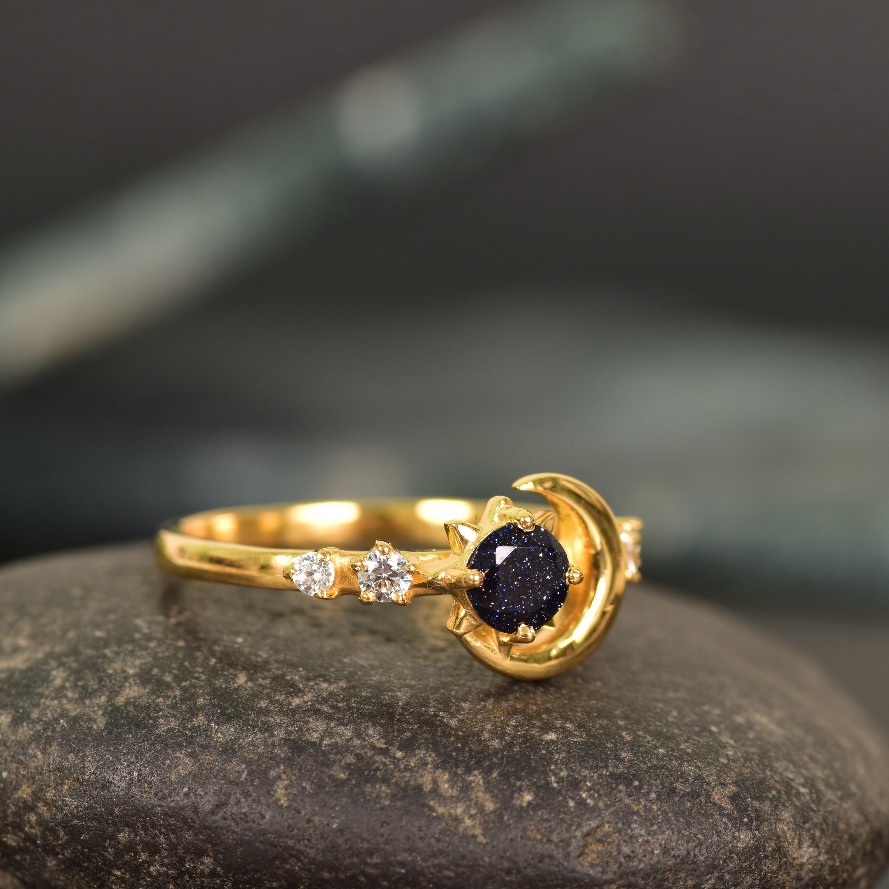 Nature Inspired Galaxy Blue Sandstone Engagement Ring, Moon Star Design ...