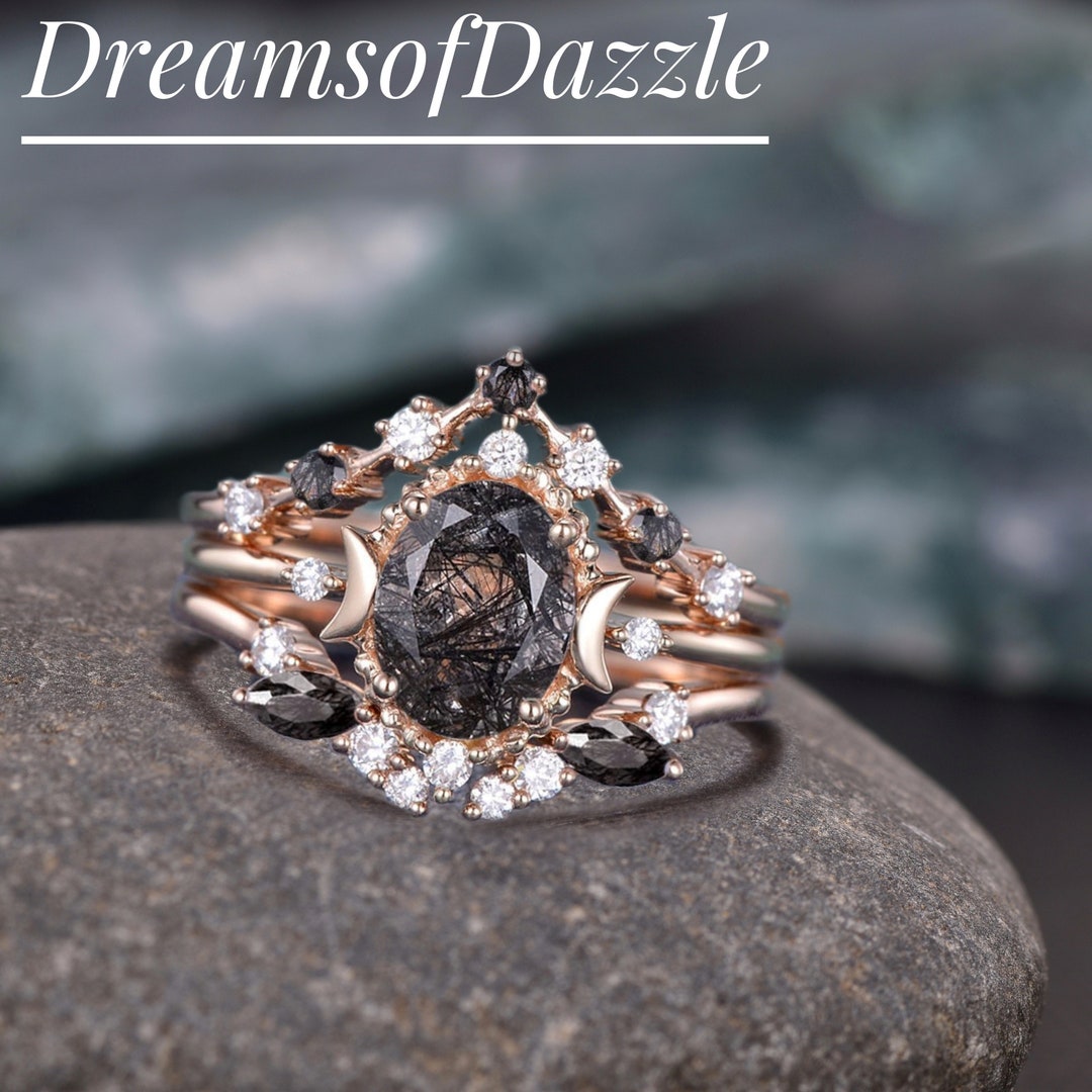 1.5ct Vintage Moon Engagement Ring Celestial Wedding Ring Set Oval Cut ...
