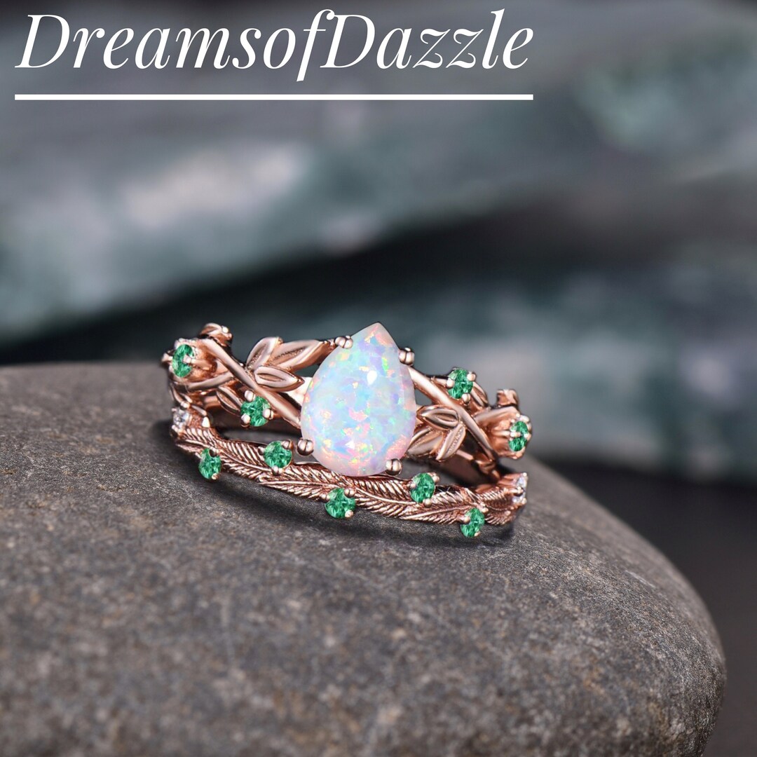 Twig Branch White Opal Ring Set, Nature Inspired Pear Shaped Opal Emerald Bridal Set, 14k Gold ...