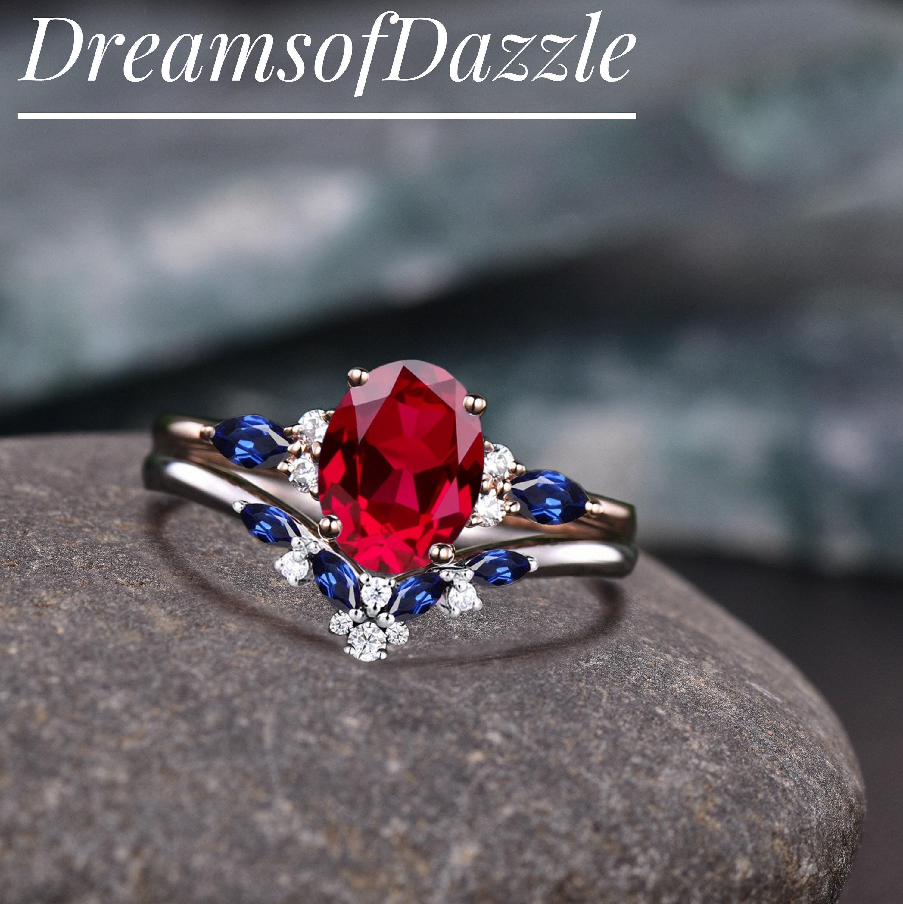 Vintage Oval Red Ruby Engagement Ring Set, Antique Unique Cluster ...