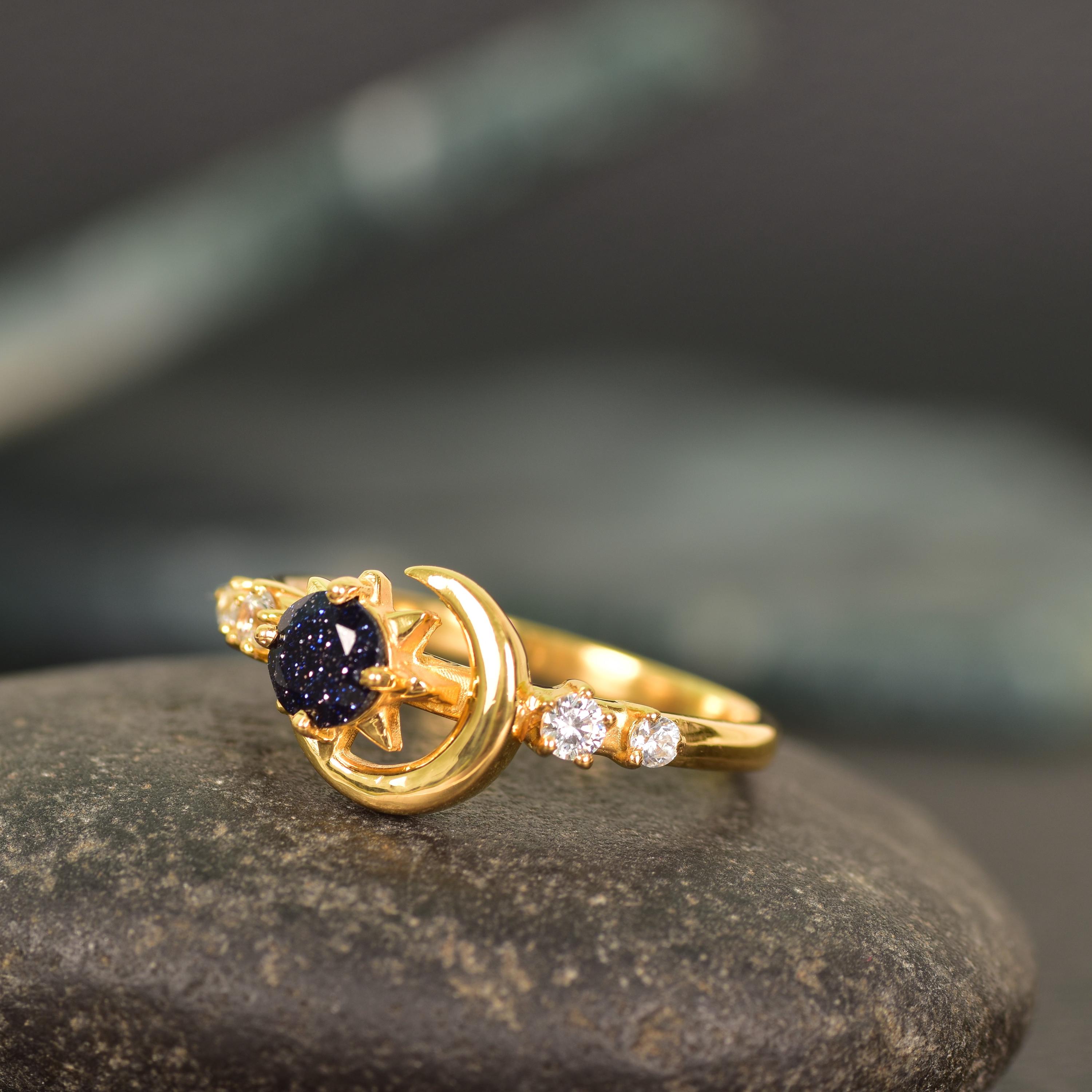 Nature Inspired Galaxy Blue Sandstone Engagement Ring, Moon Star Design ...