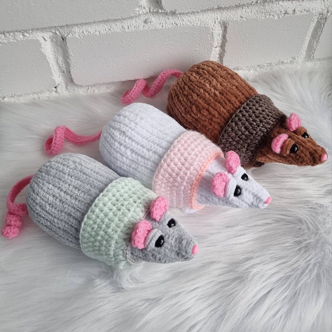Knitted CUTE RAT 19cm With a Crochet Sweater, Cute White/grey/brown Rat ...