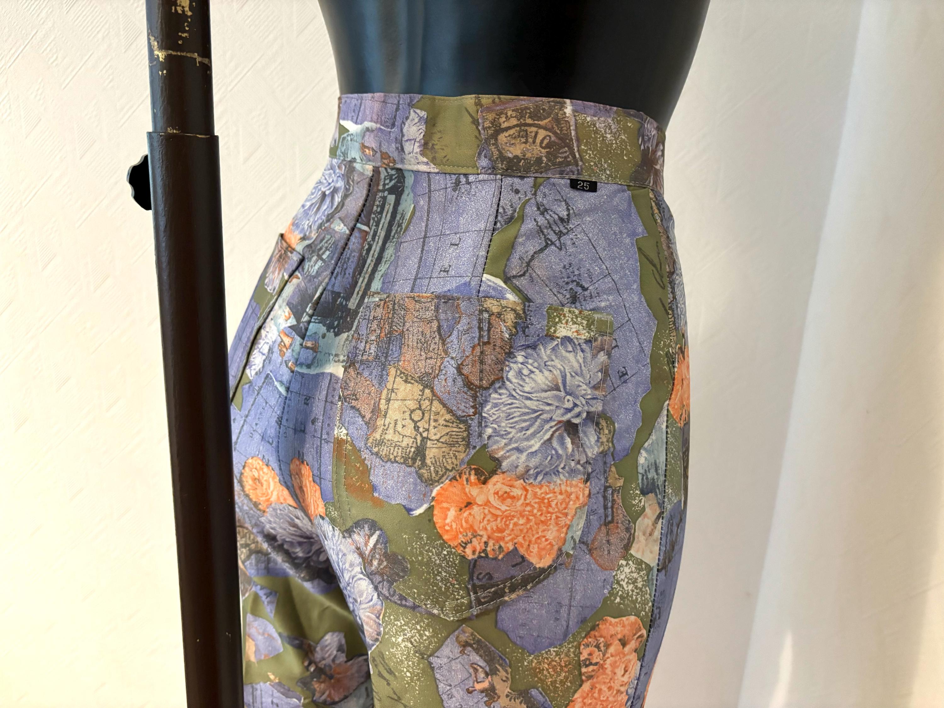 90s Purple Stirrup Pants Map and Floral Pattern Pants High Waist Pants ...