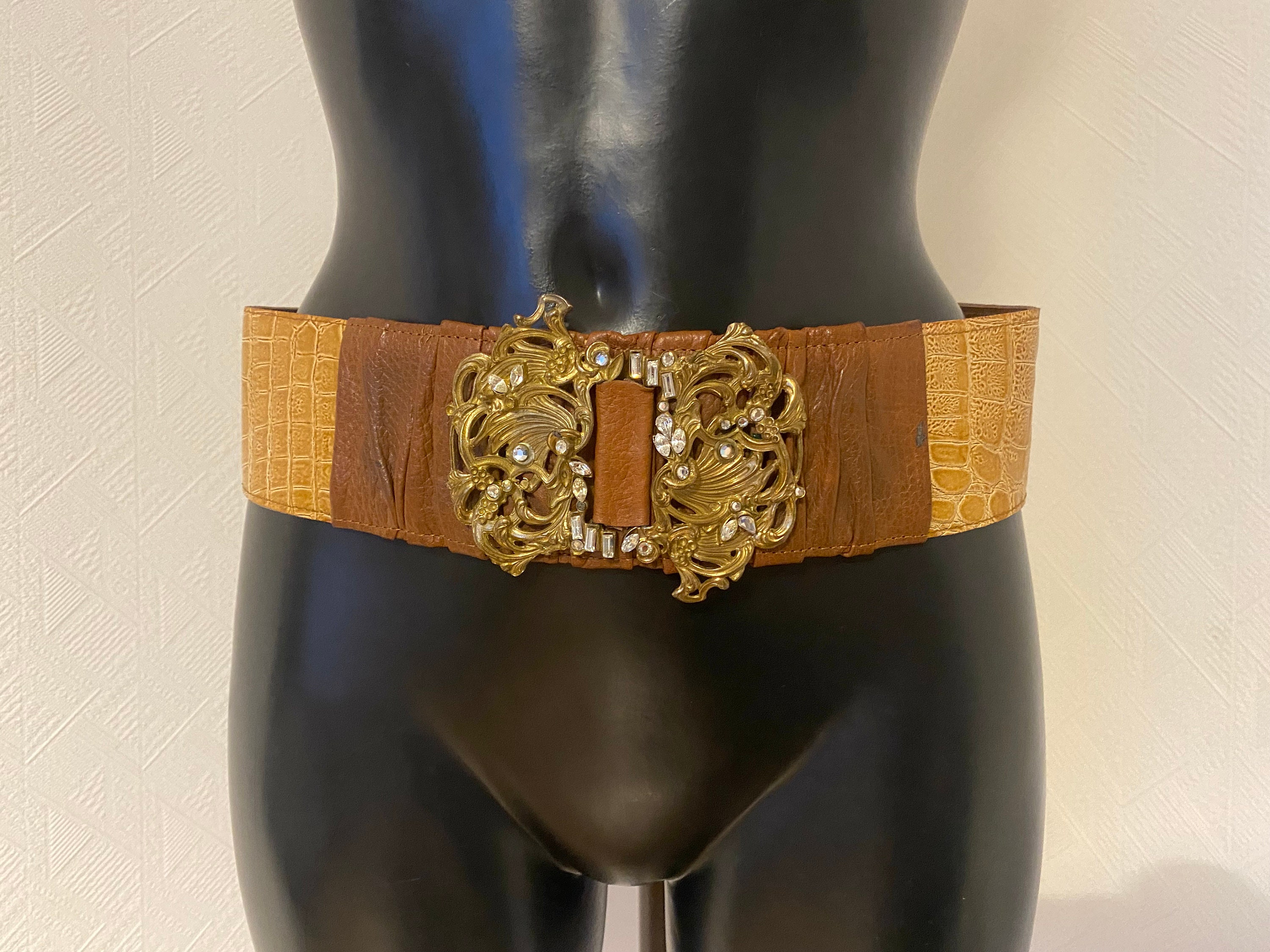 Wide Light Brown Crocodile Pattern Women's Belt Ruched Underbust Corset ...