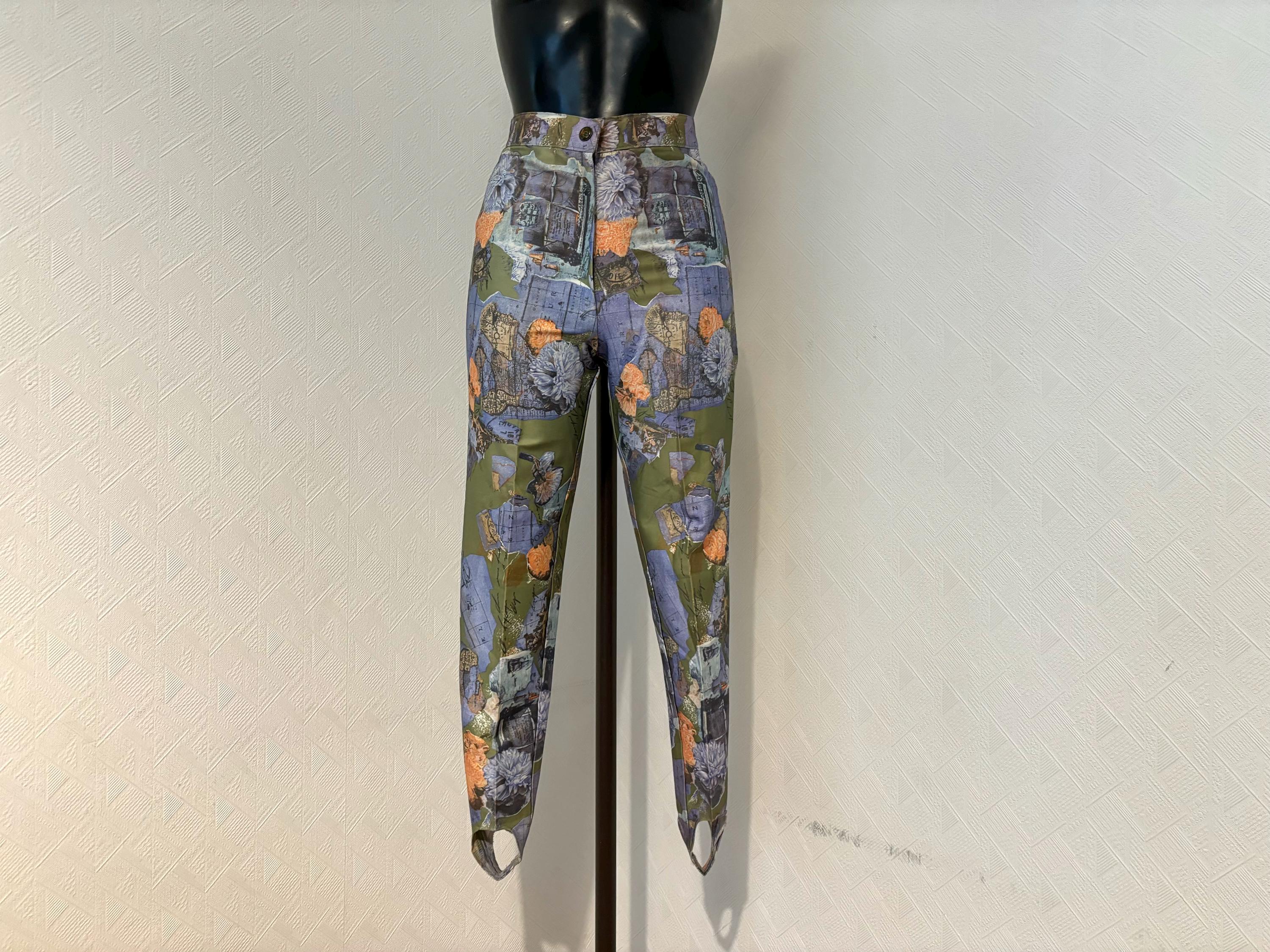 90s Purple Stirrup Pants Map and Floral Pattern Pants High Waist Pants ...