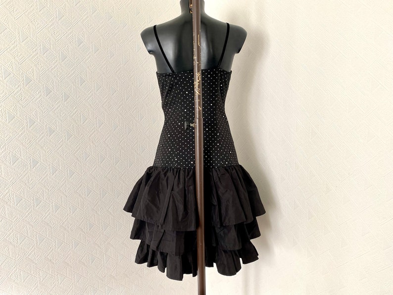 80s Vintage Black Prom Dress Retro Party Polka Dot Diamond Ruffled ...