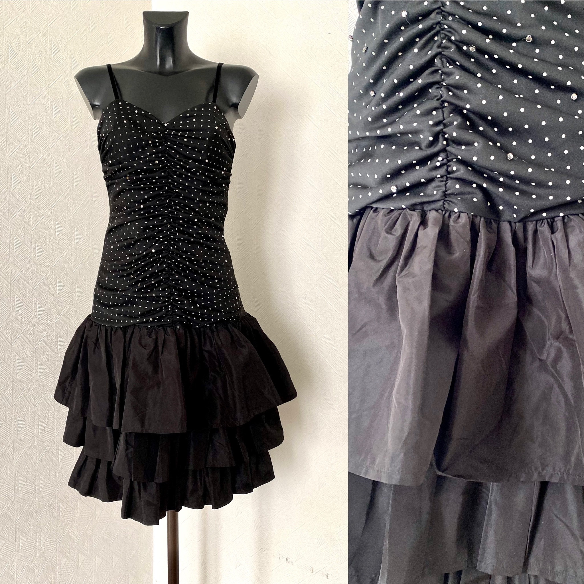 80s Vintage Black Prom Dress Retro Party Polka Dot Diamond Ruffled ...