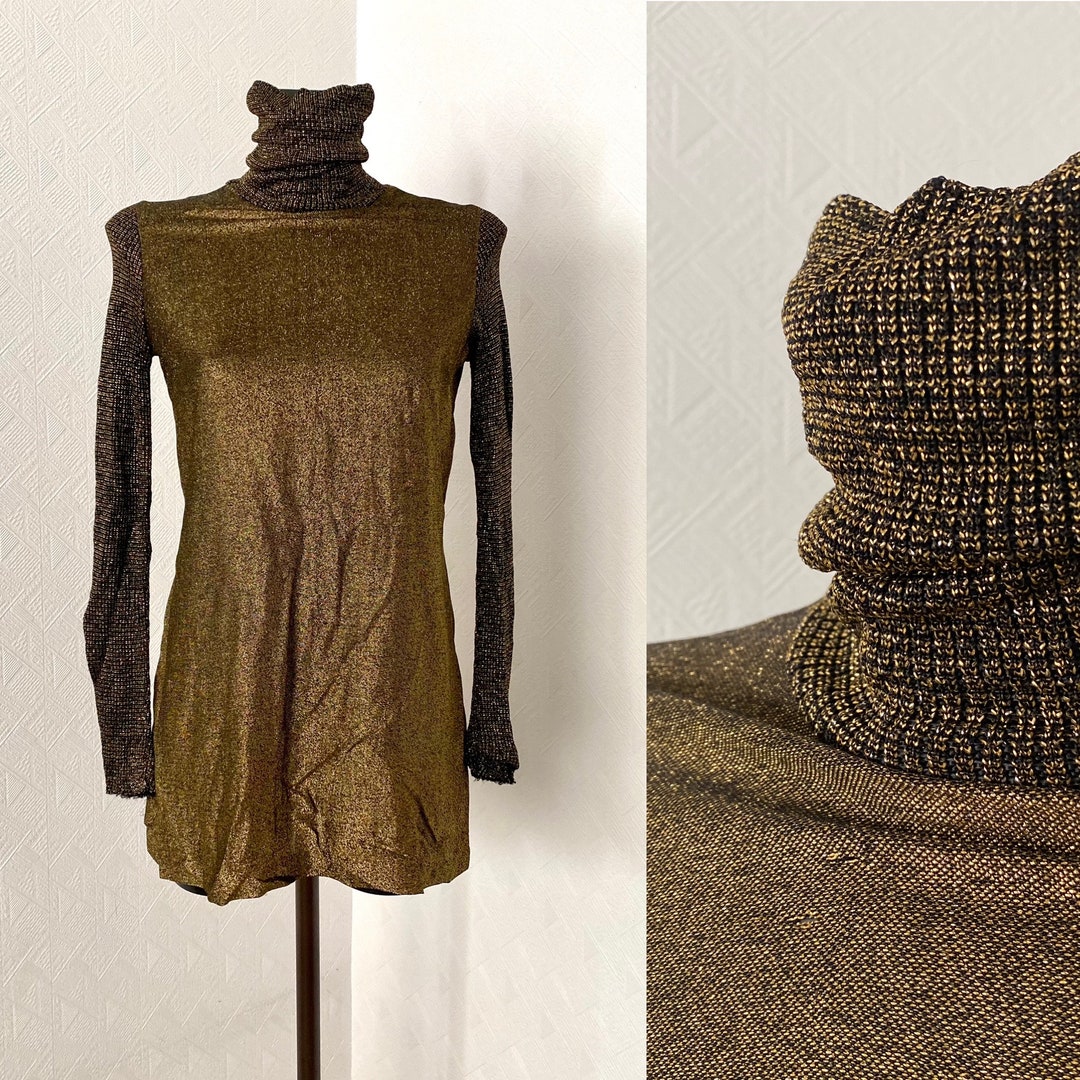 90's Vintage Golden Shiny Sweater Turtle Neckline Women's Light Weight ...