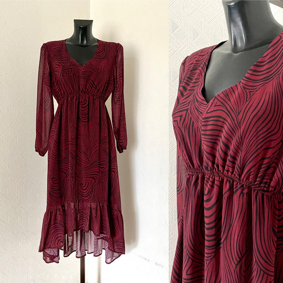 90s Vintage Burgundy Swirl Dress Romantic Retro Party Dress Draped ...