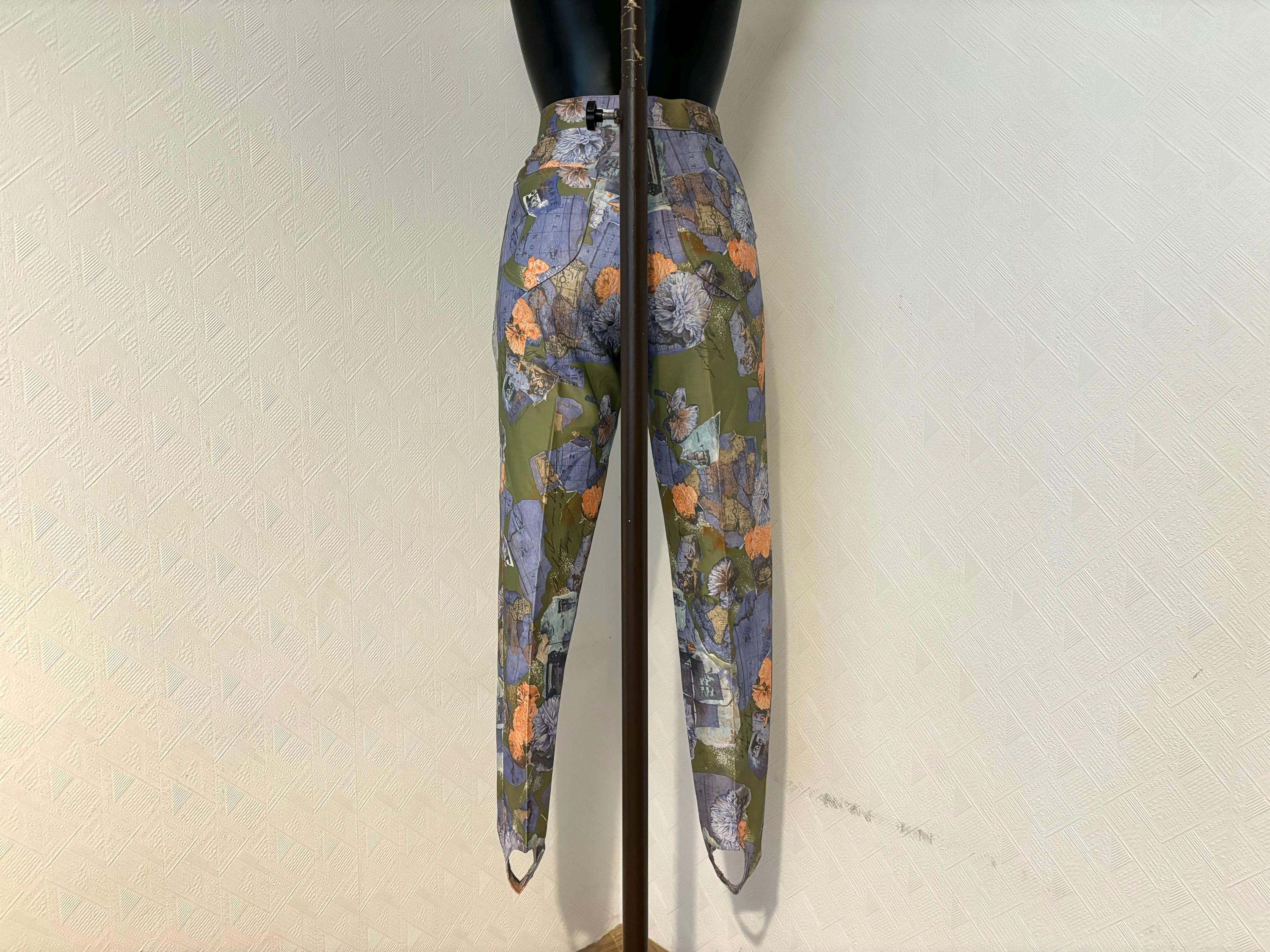 90s Purple Stirrup Pants Map and Floral Pattern Pants High Waist Pants ...