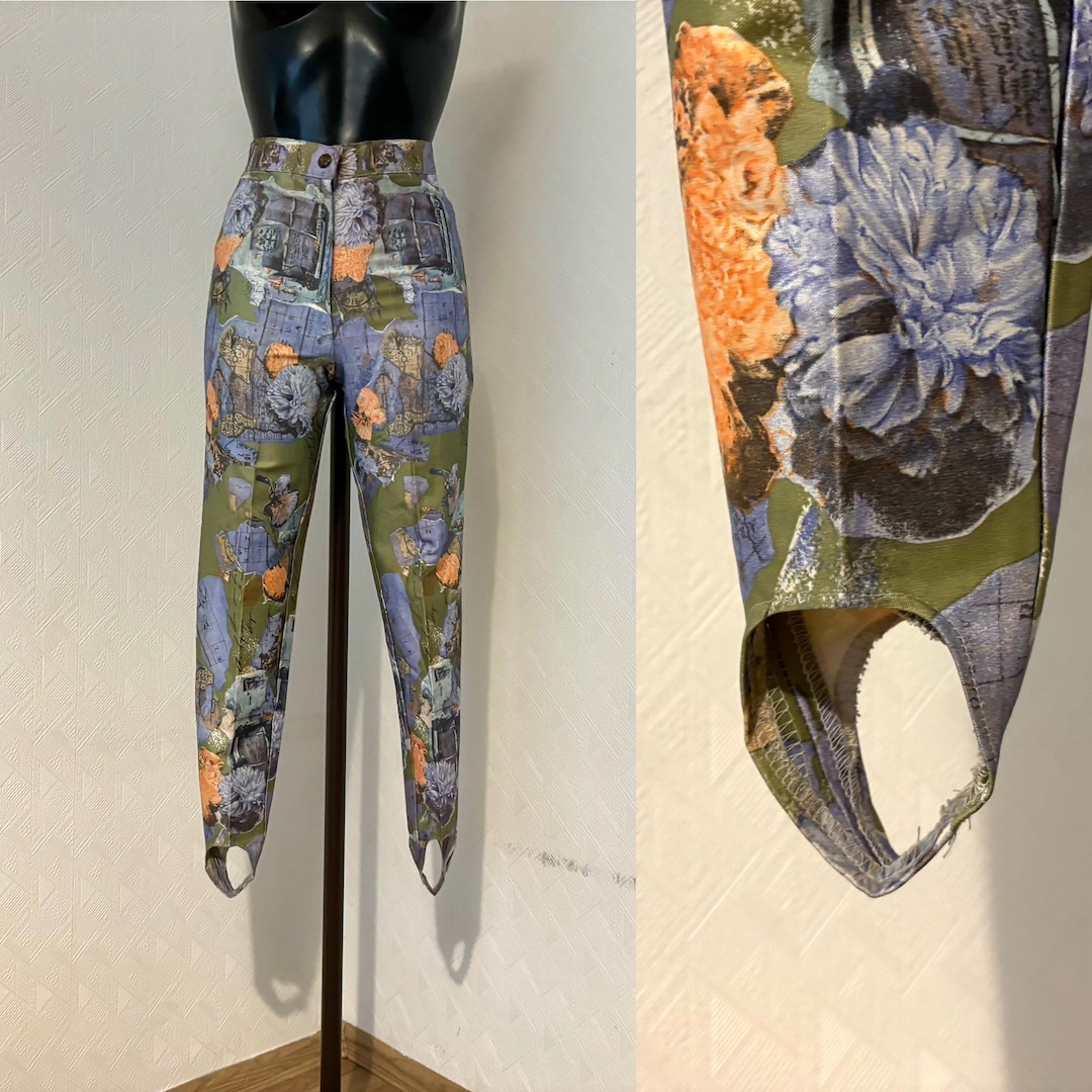 90s Purple Stirrup Pants Map and Floral Pattern Pants High Waist Pants ...