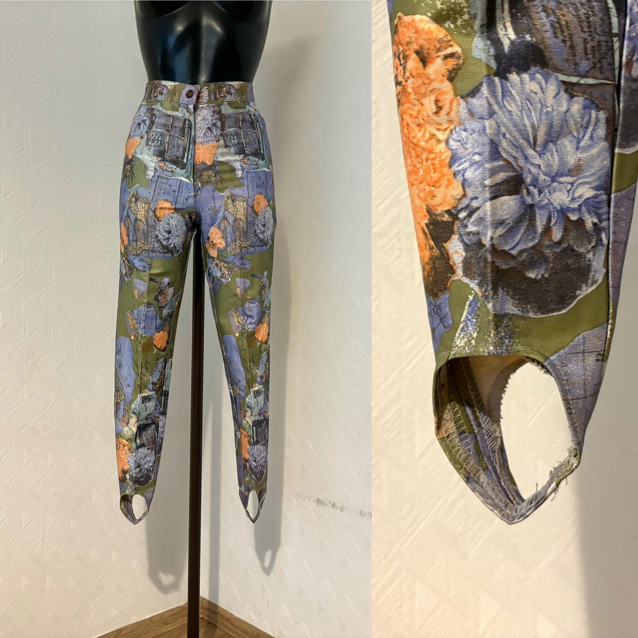90s Purple Stirrup Pants Map and Floral Pattern Pants High Waist Pants ...