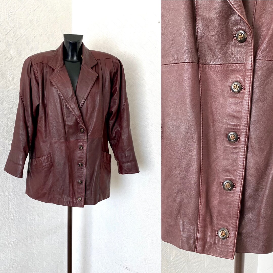 Vintage 80's Genuine Bordo Rustic Leather Oversize Jacket Red Unisex ...