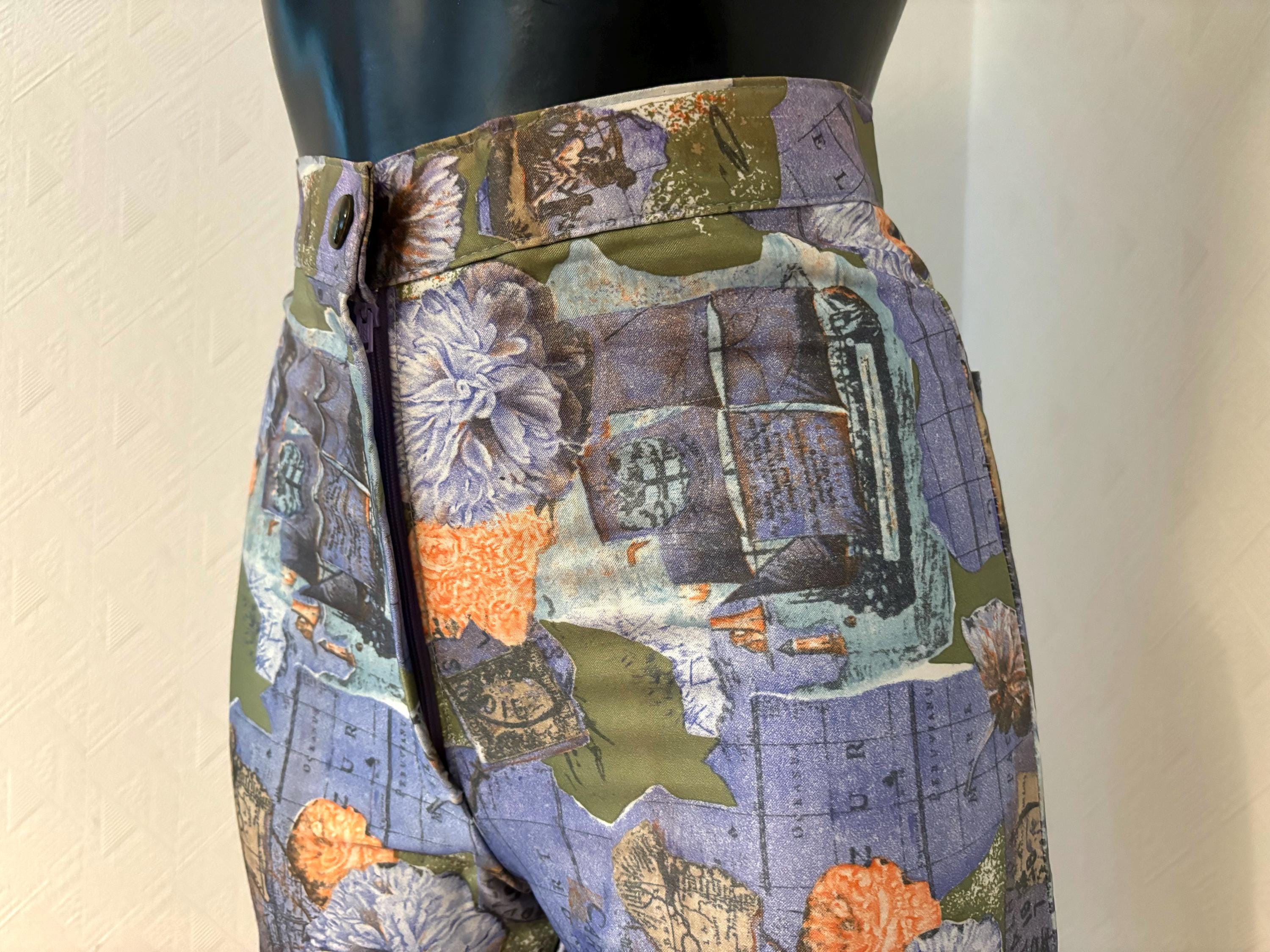90s Purple Stirrup Pants Map and Floral Pattern Pants High Waist Pants ...