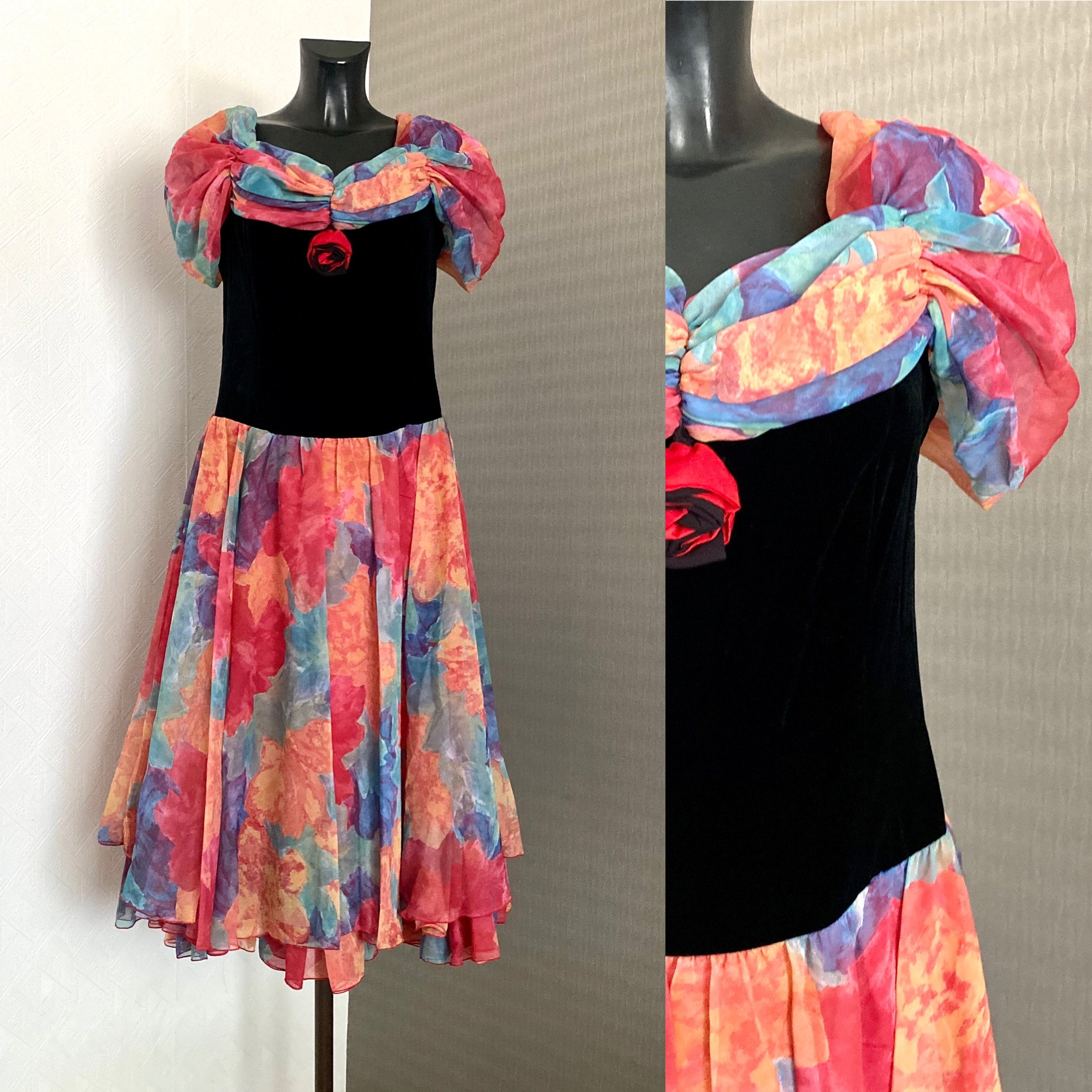 Vintage Floral Painted Princess Prom Puff Dress Retro Party Black ...