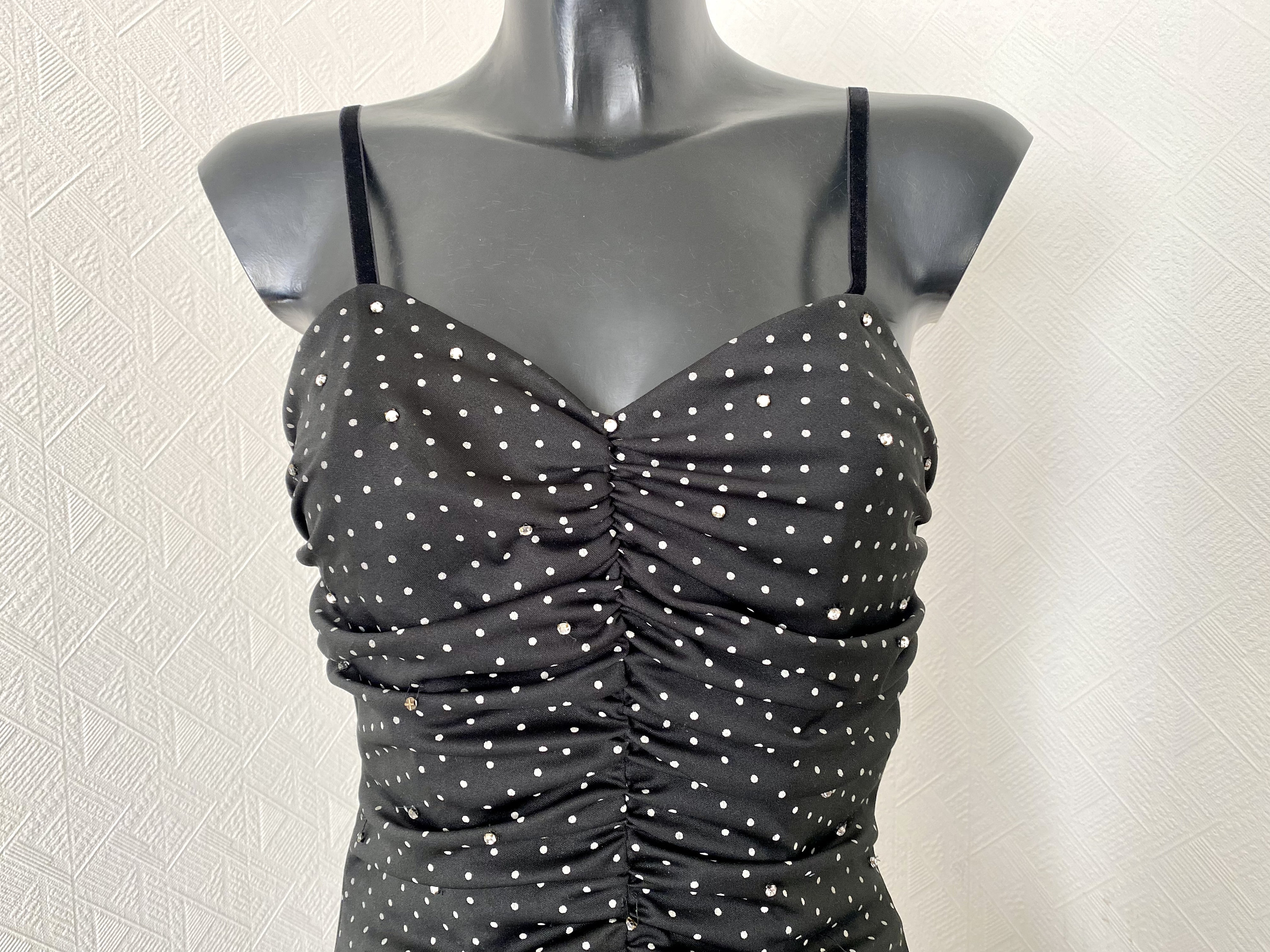 80s Vintage Black Prom Dress Retro Party Polka Dot Diamond Ruffled ...