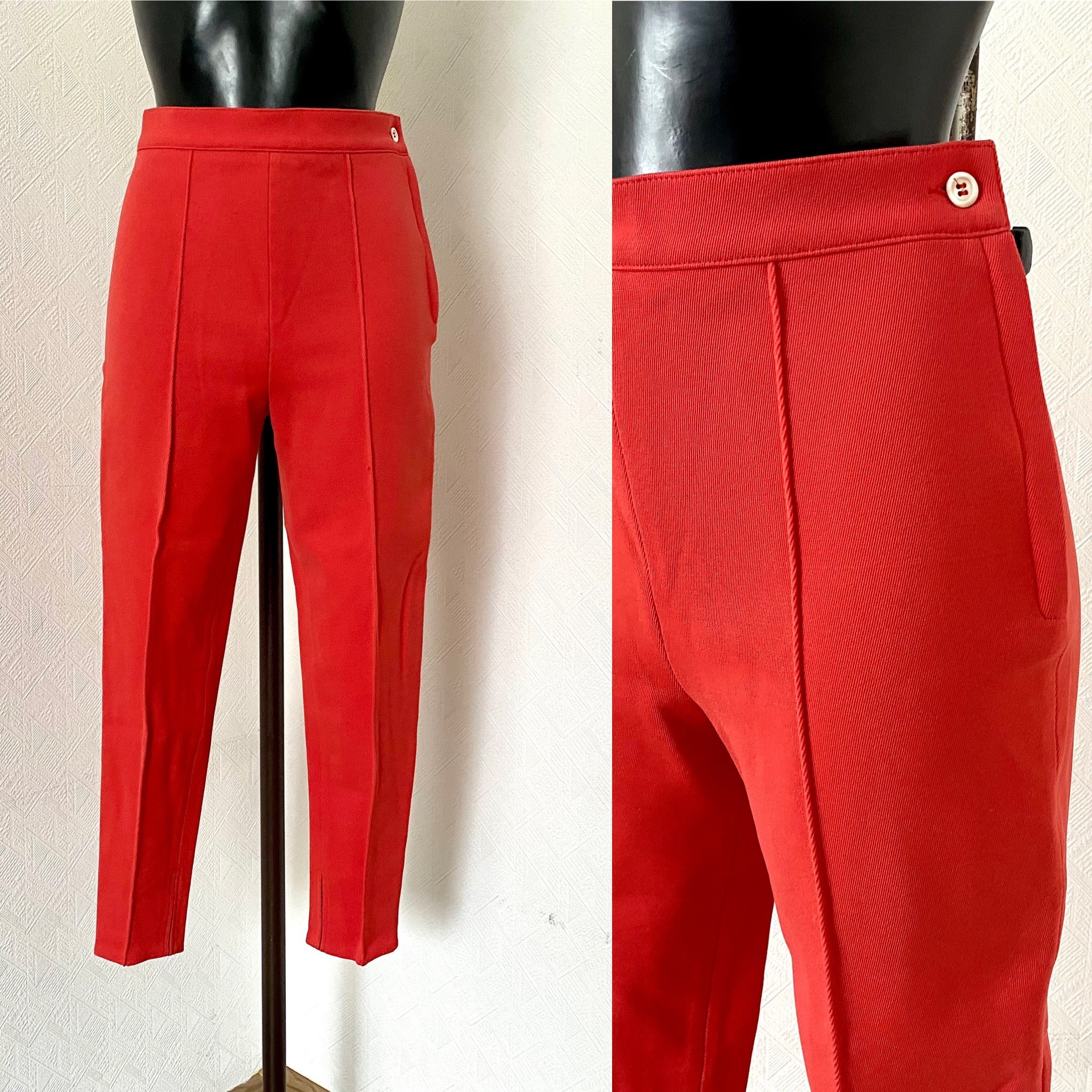 80s Womens Red Skiny Bridge Pants High Waist Ankle Capri Straight Pants ...