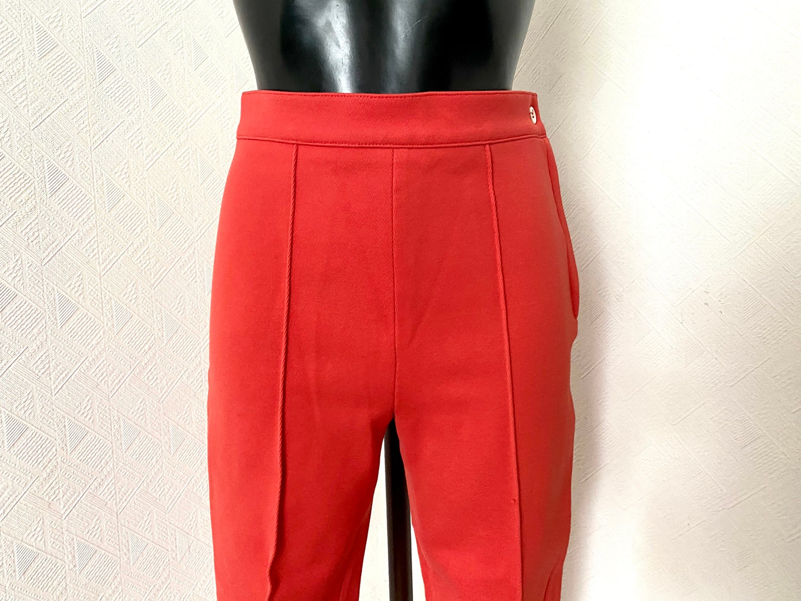 80s Womens Red Skiny Bridge Pants High Waist Ankle Capri Straight Pants ...