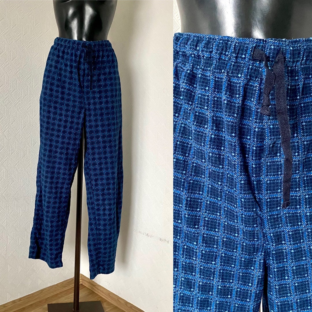 Vintage Men's Check Pajama Home Pants Tartan Blue Soft Pajama Bottoms ...