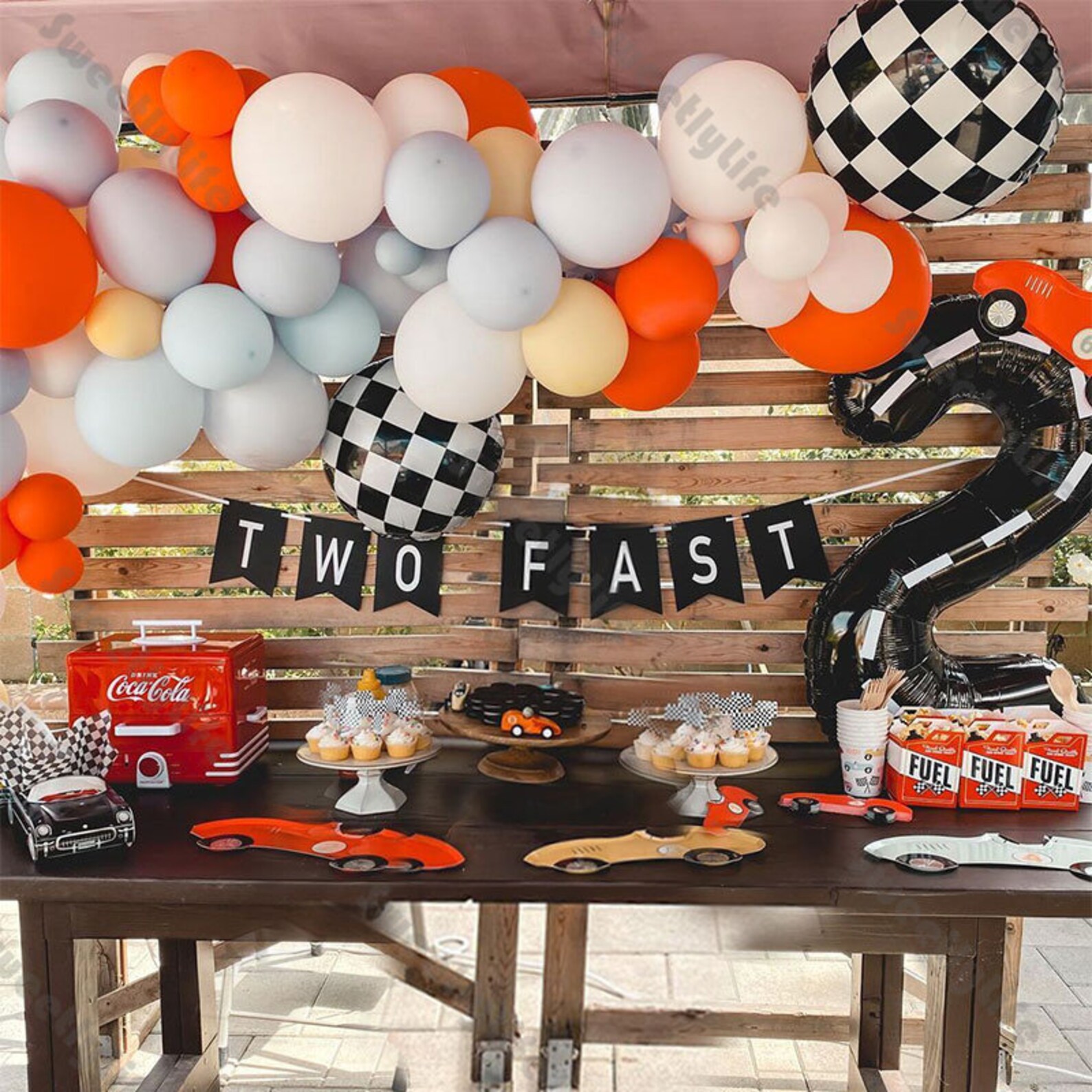 79pcs Race Car Balloon Garland Kit Matte Orange Blue Checkered Balloon ...