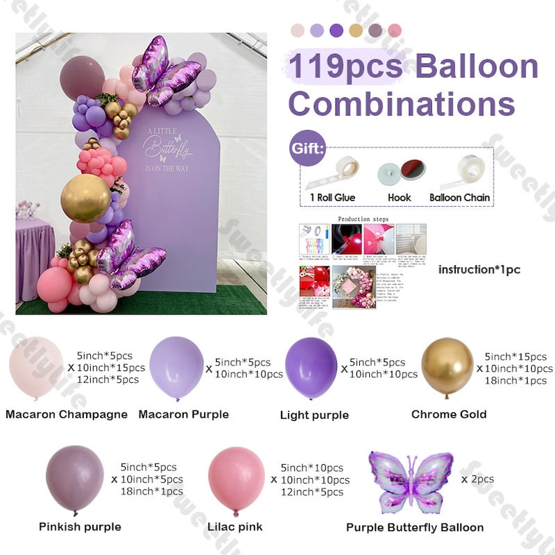 115/119pcs Pastel Balloon Garland Arch Kit Purple Pink Gold Butterfly ...