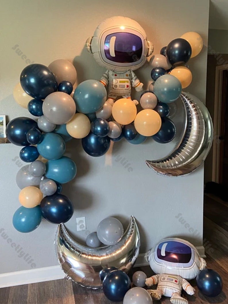69pcs Astronaut Boy Theme Party Balloon Arch Slate Blue Cream Peach ...