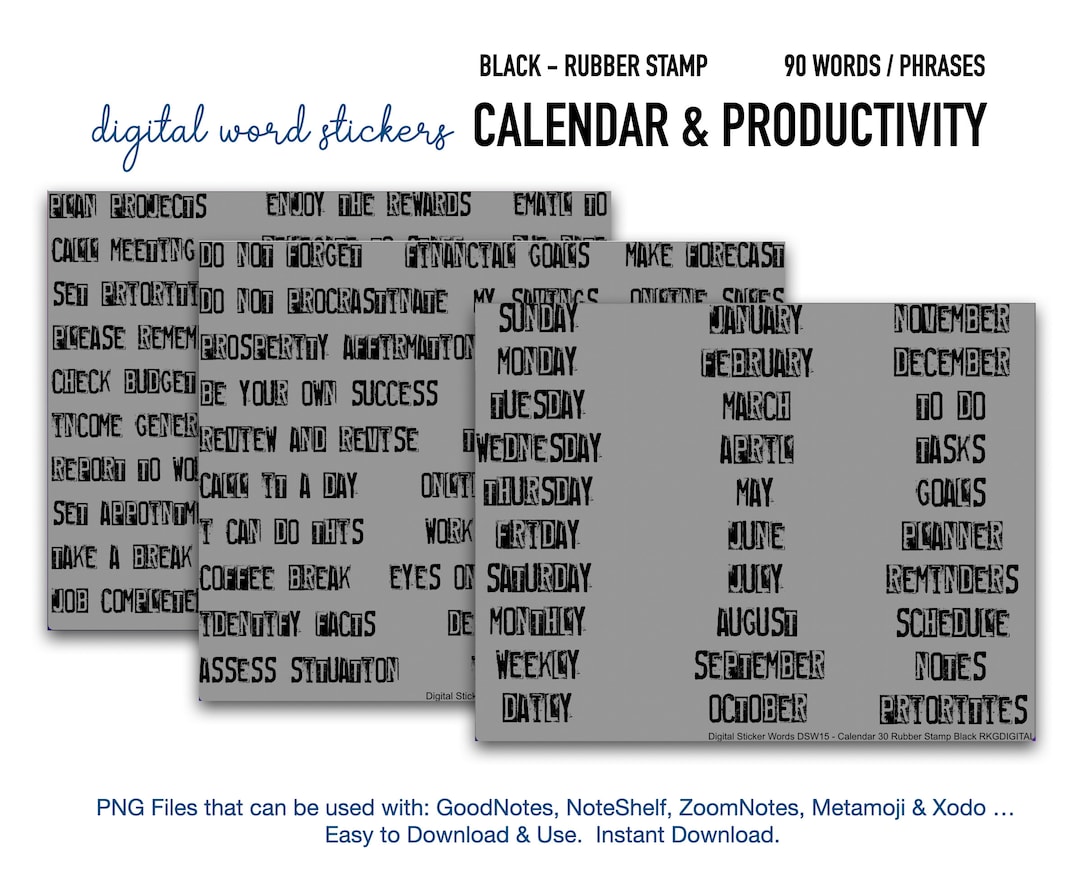 90 Digitale Wort Sticker für Kalender und Produktivität Weißer Stempel ...
