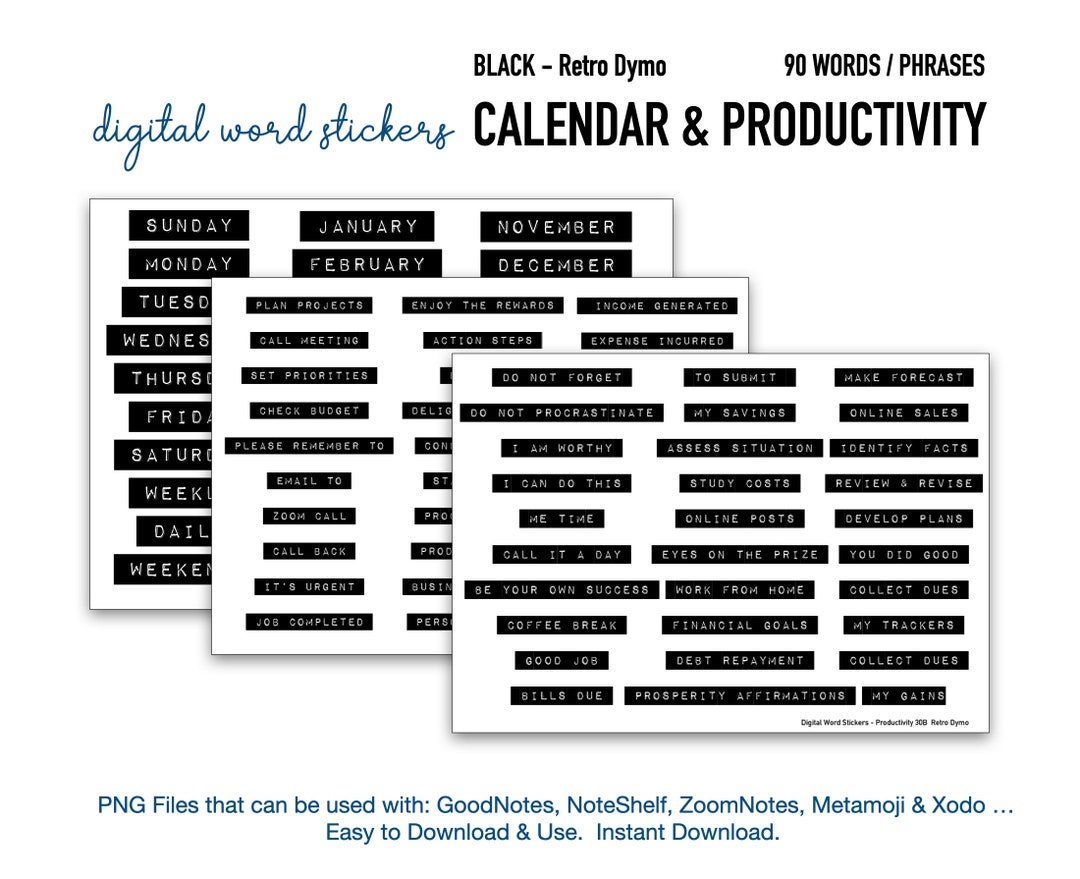 90 Digital Word Stickers for Calendar and Productivity | BLACK RETRO ...