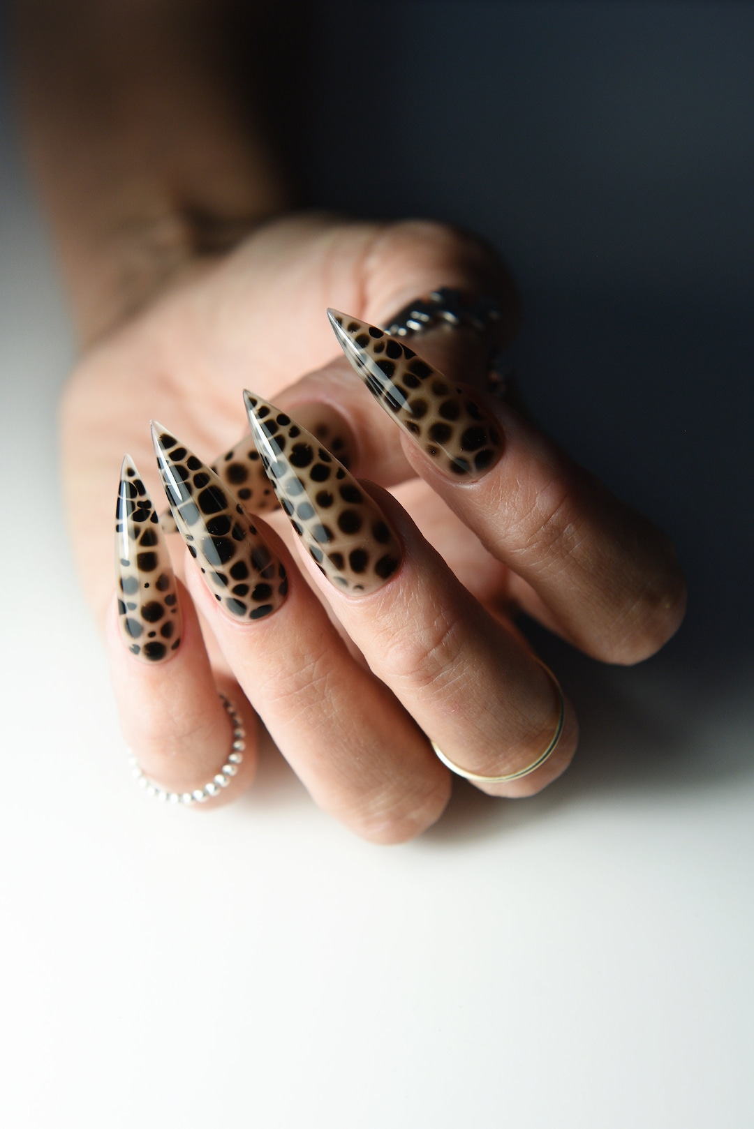 Goth Cheetah Press on Nails, Stiletto Almond Square, Reusable Acrylic ...