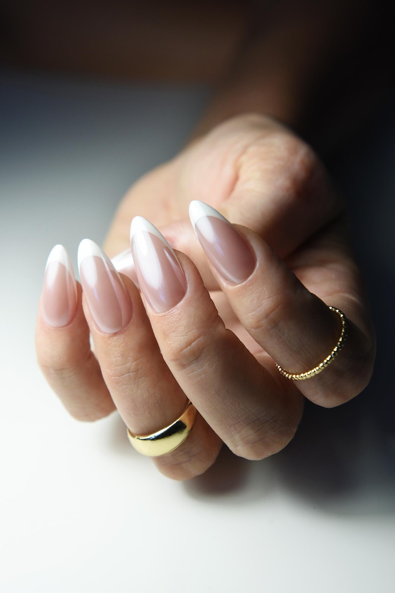 Chrome French Pearl Press on Nails, Reusable Handmade Set - Etsy Canada