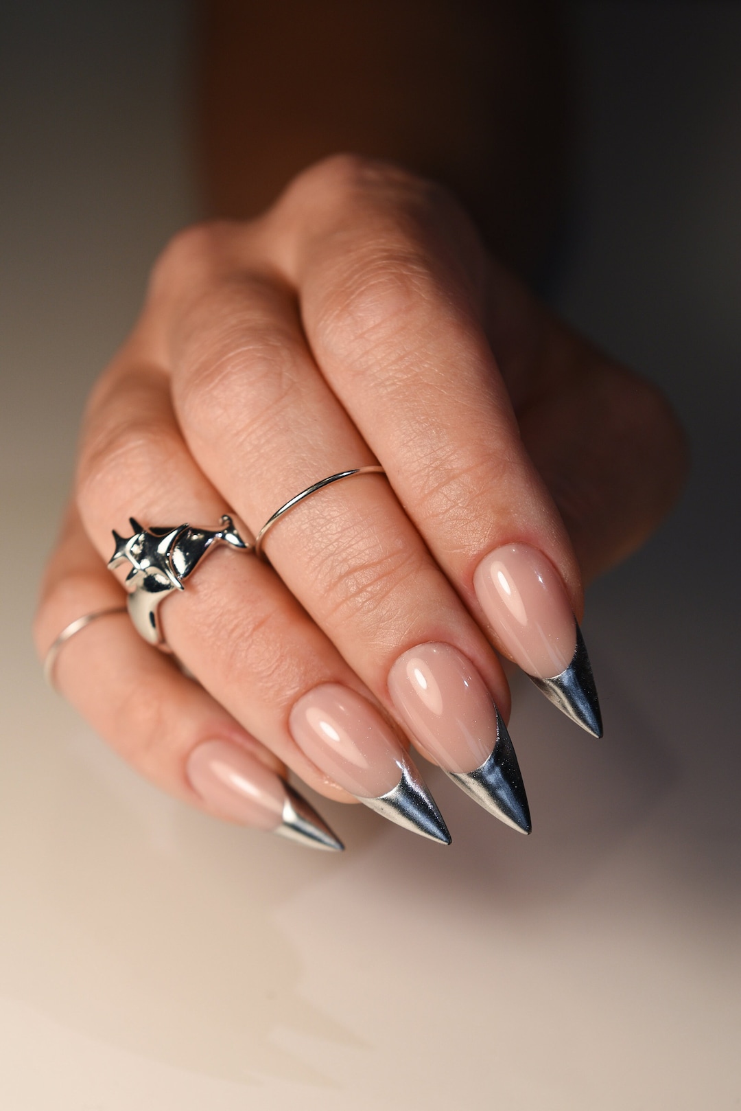 Silver Chrome French Tip Press on Nails - Y2k-inspired Custom Acrylic ...