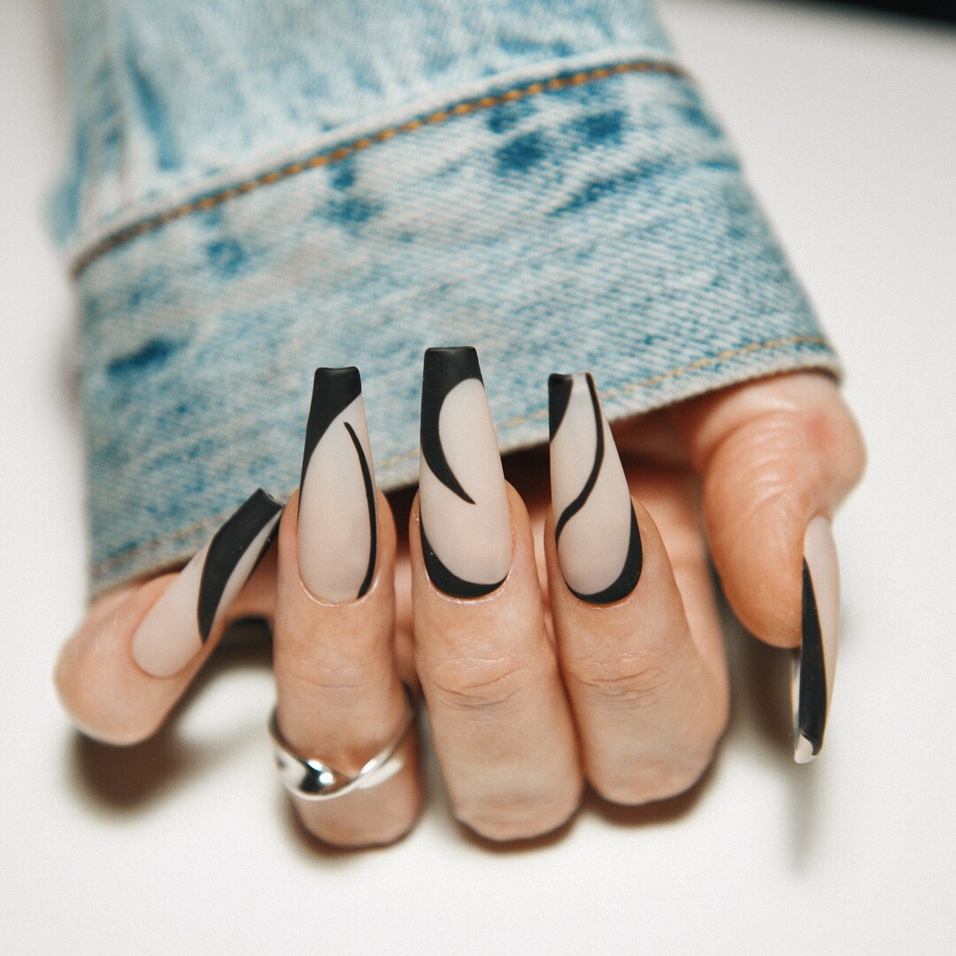 ABSTRACT FRENCH LINES | Glossy or Matte | Reusable Press on Nails ...