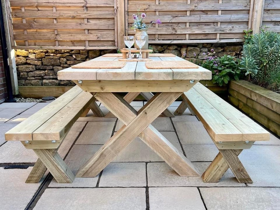 Outdoor Garden Patio Table and 2 Benches (treated) - Etsy UK