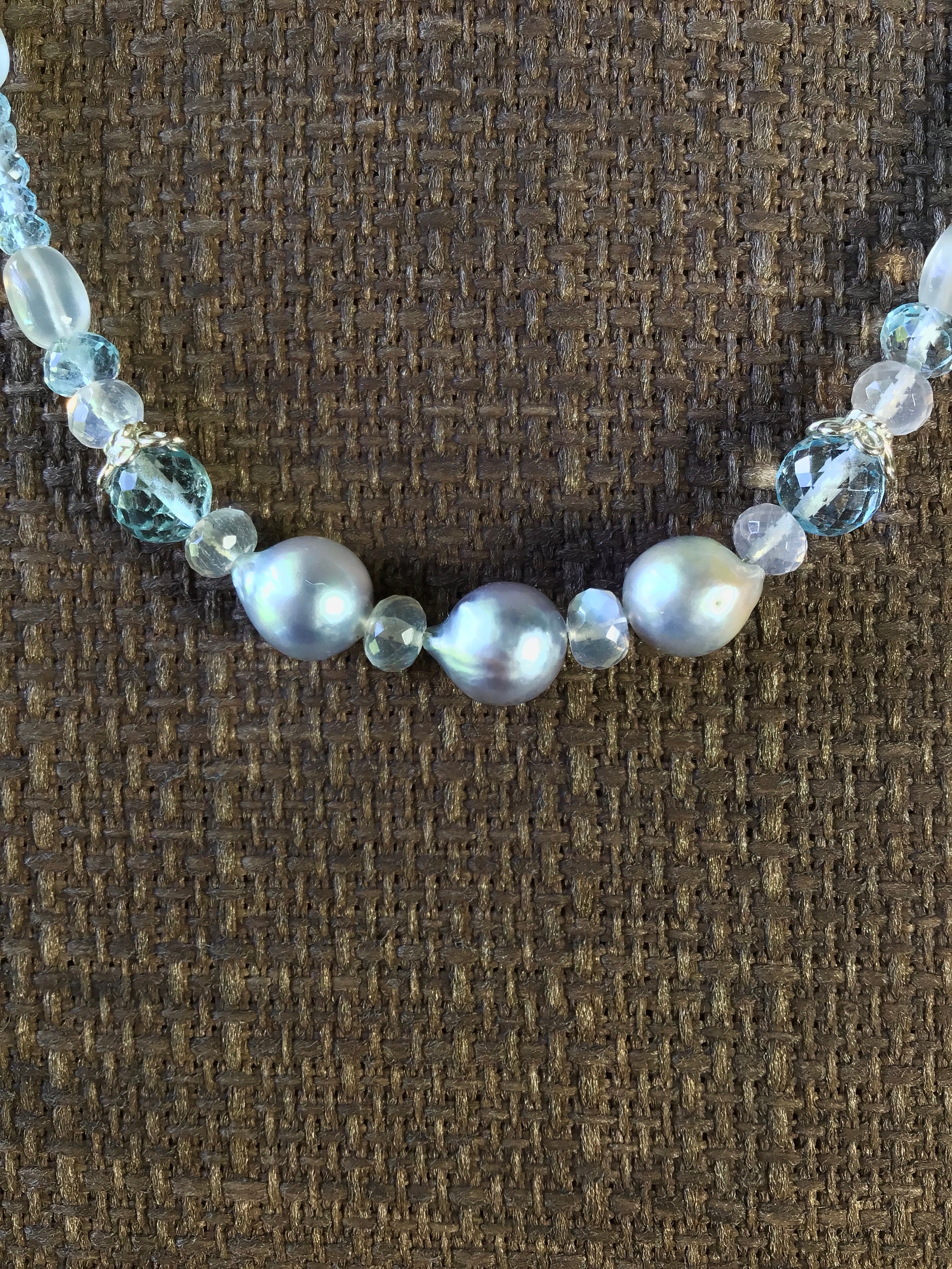 Genuine Blue Akoya Pearls With Silver Ceylon Moonstone and Blue Topaz ...