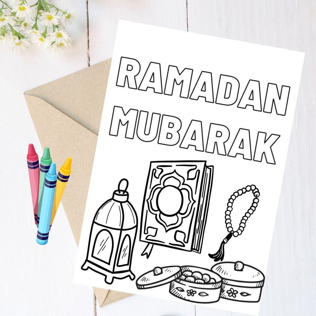 DIY Ramadan Mubarak Colouring Greeting Card for Kids, Envelope and ...