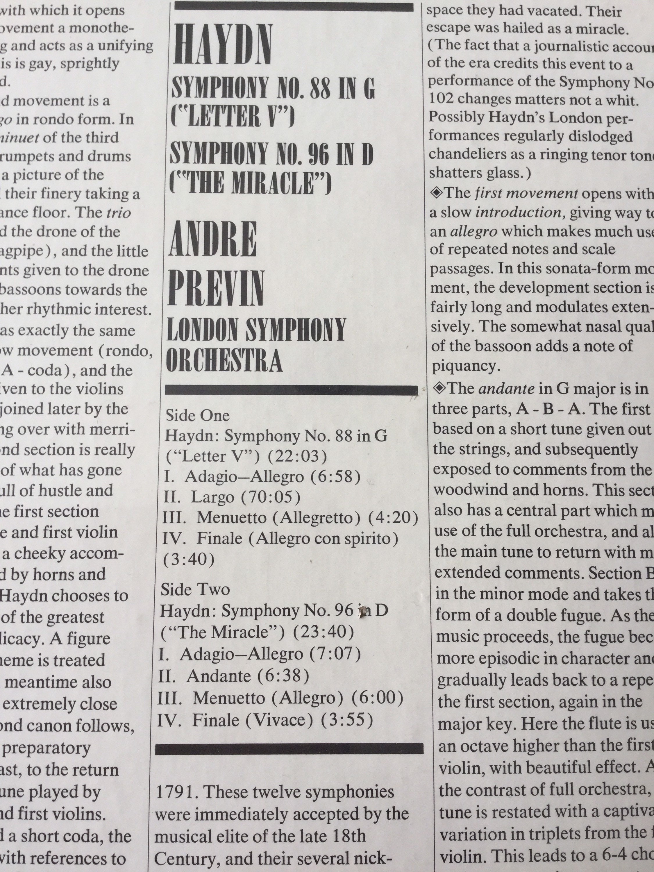 Haydn Mahler Symphonies # 88& 96 London Symphony Orchestra Classical ...