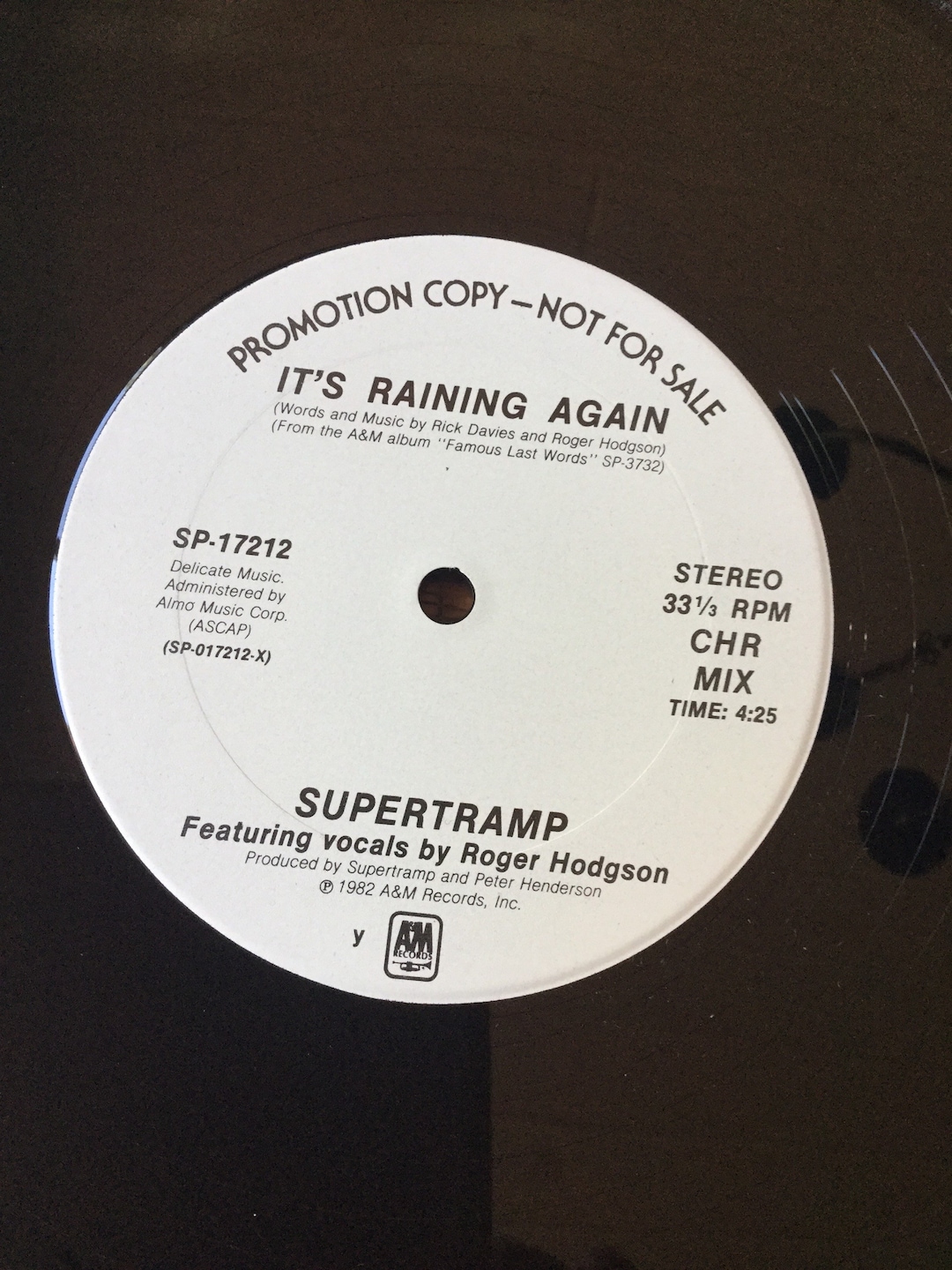 Supertramp 12” Single It’s Raining Again B/W Waiting so Long Vinyl ...