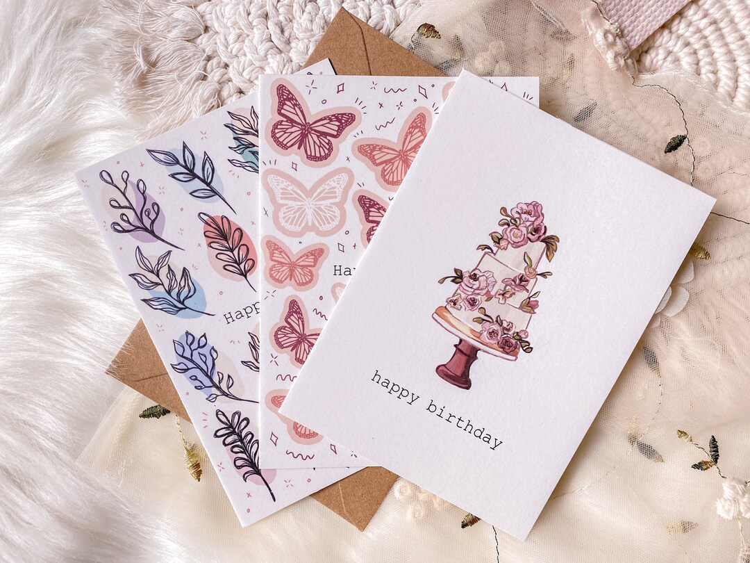 Handmade Botanical Birthday Card Set: Floral Cake, Butterfly Design - Etsy