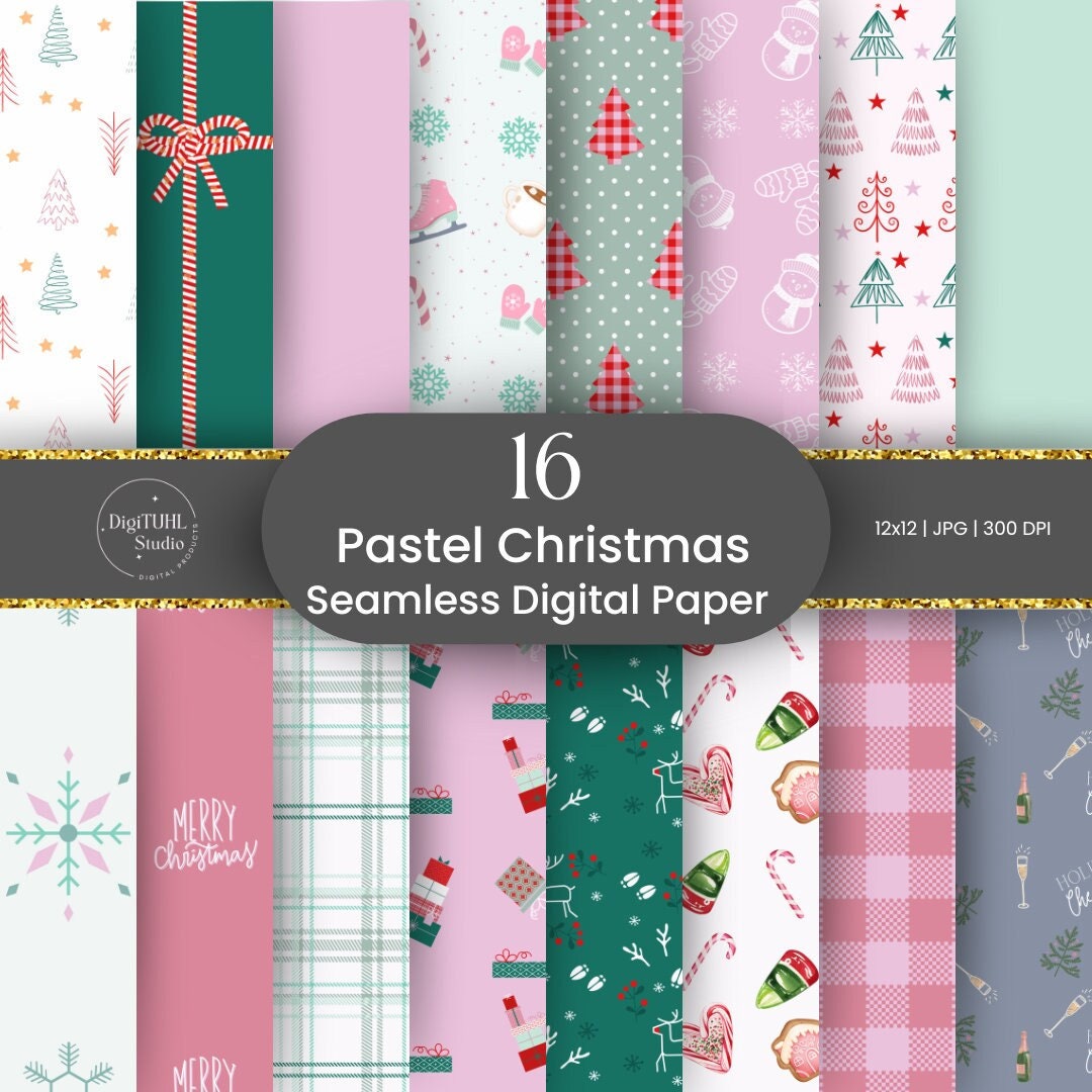Pastel Christmas Digital Paper: Seamless Holiday Patterns (digital ...