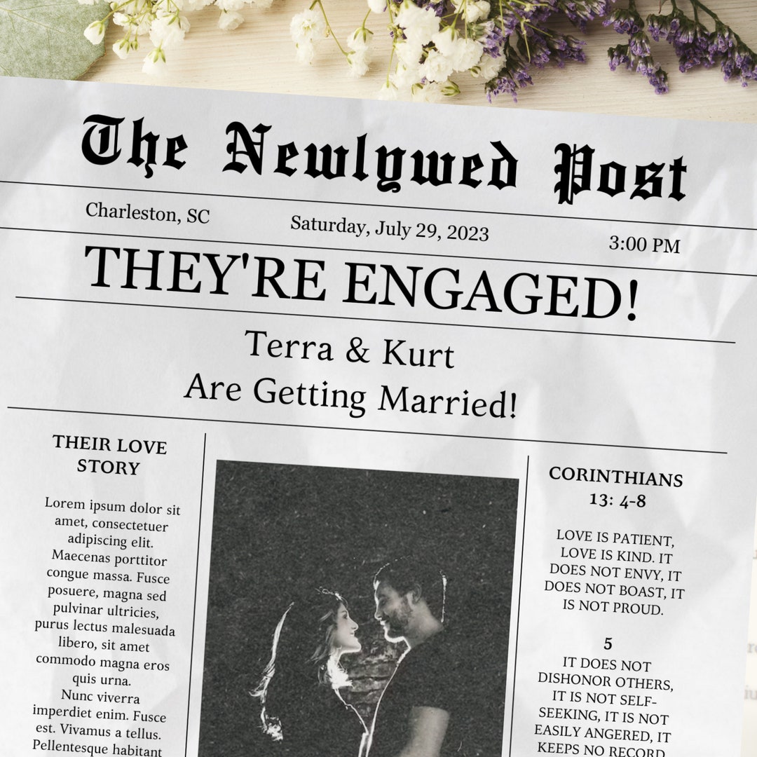 Newspaper Program Engagement Announcement, Unique Save the Date ...
