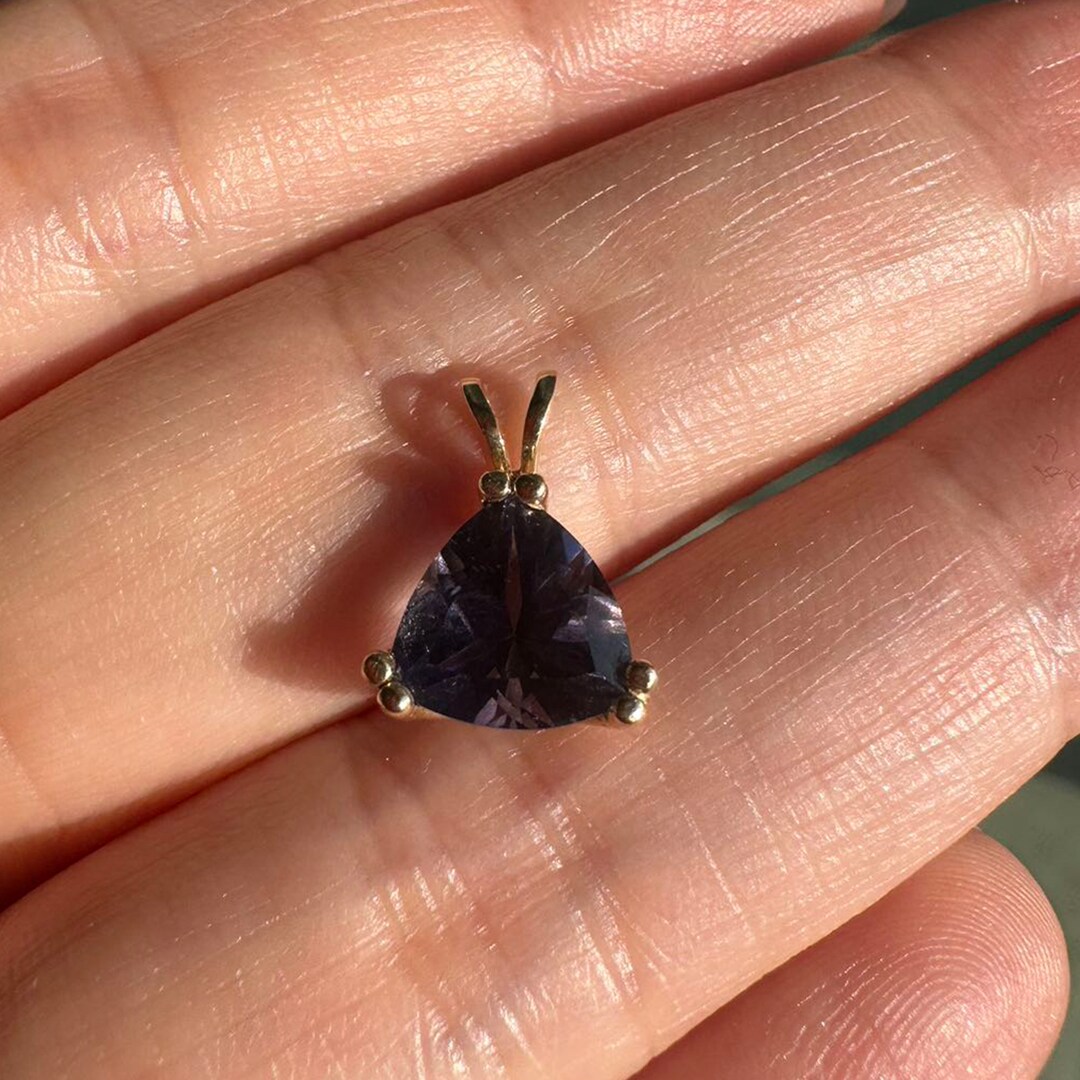 Vintage 14K Gold Trillion Iolite Pendant, Estate 8MM Intense Purple ...