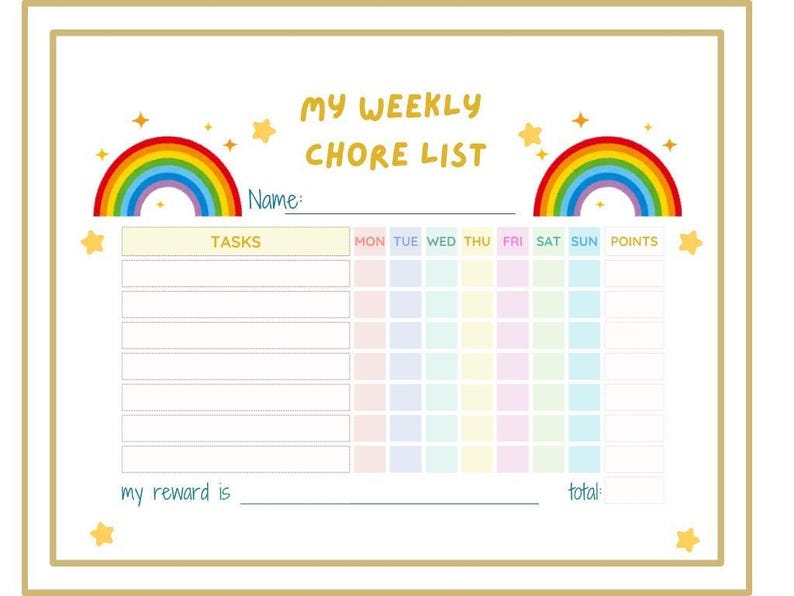 Kids Chore Chart Printable - Reward Chart for Children- Instant ...