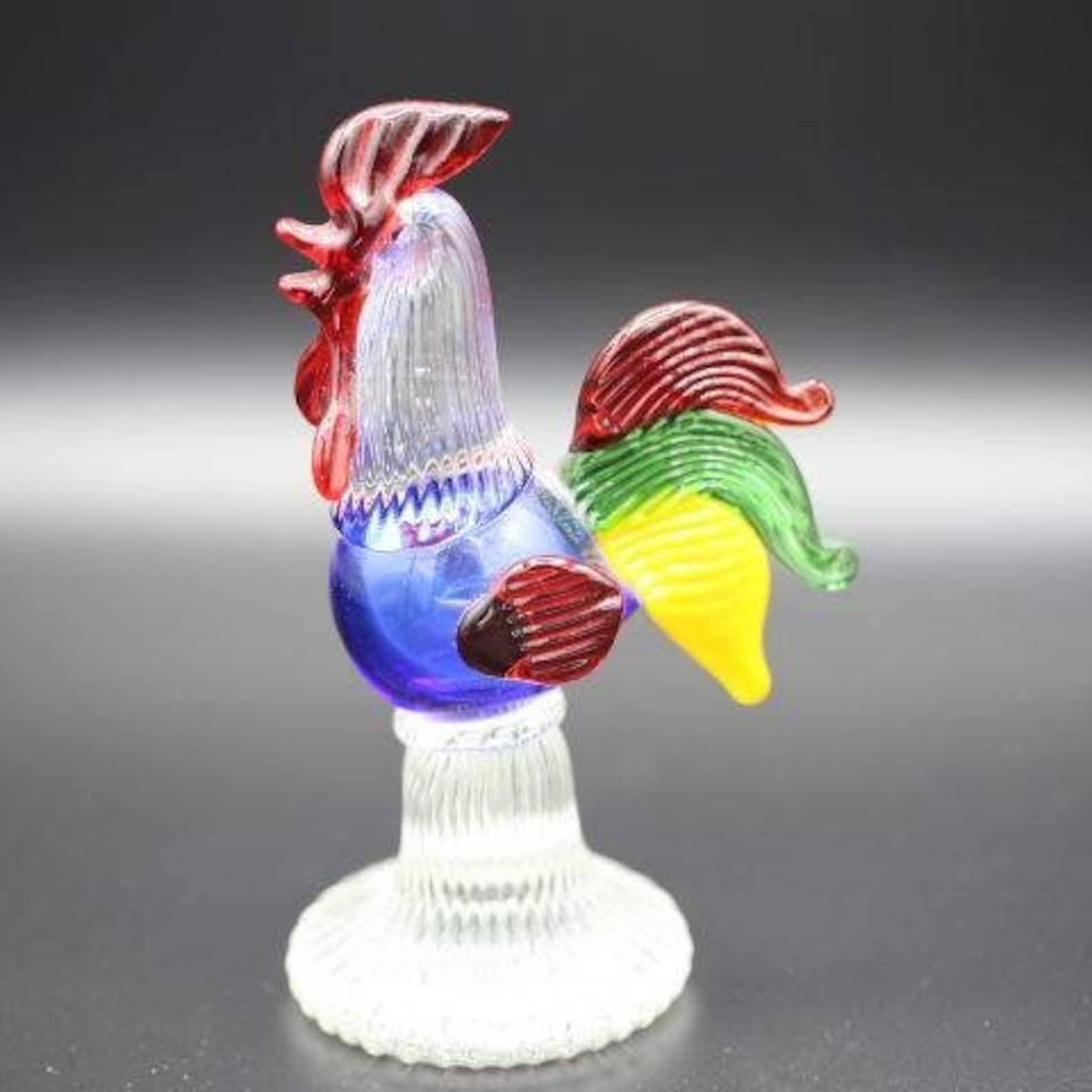 Vintage Art Glass Rooster Figurine Red Blue Green Yellow Blown Etsy
