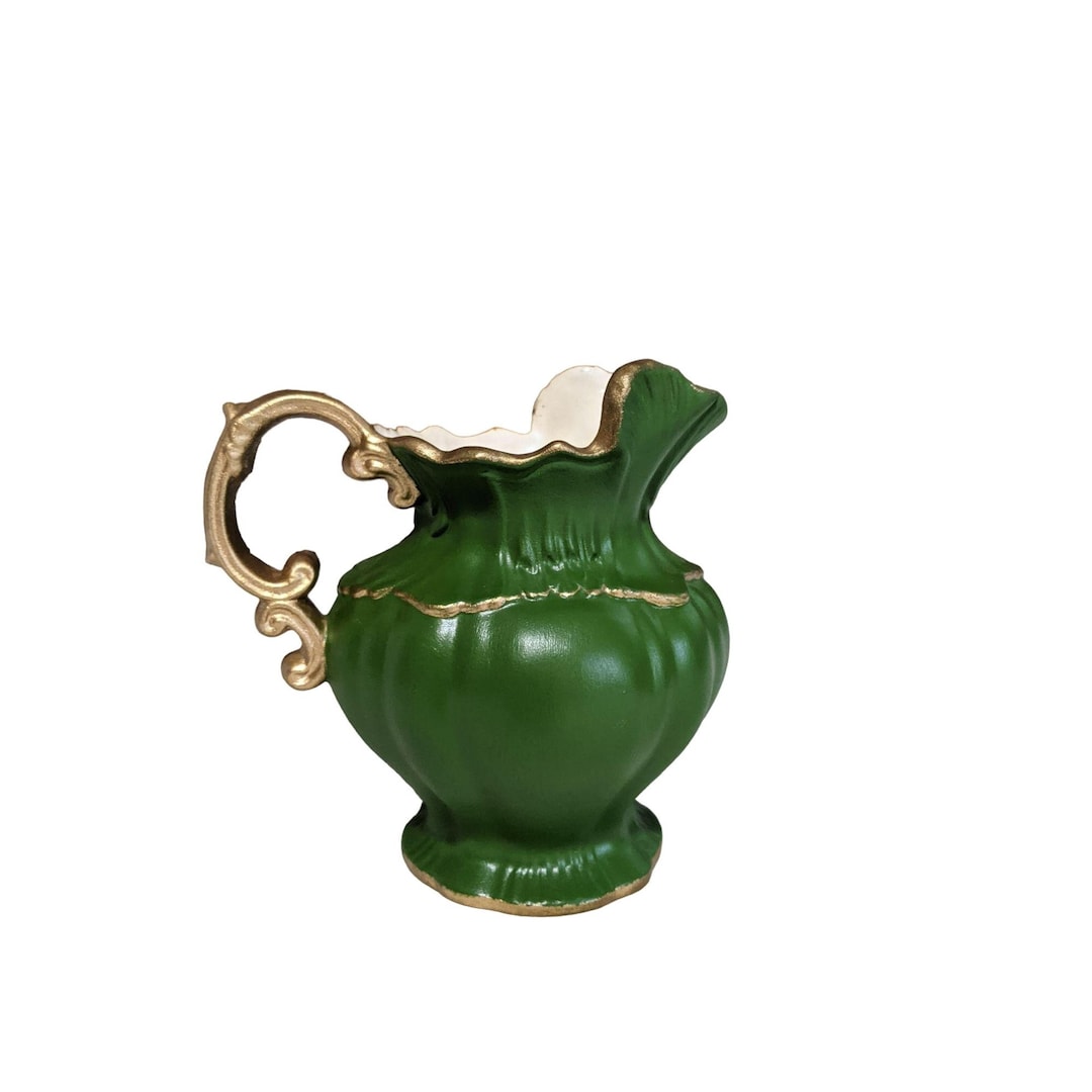 6" 1975 Arnel's Mold Ceramic Pitcher Hand Painted Green and Gold ...