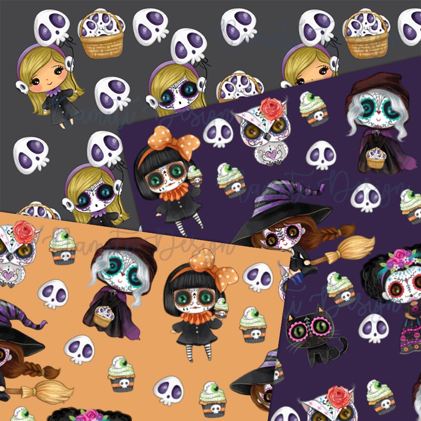 Girls Halloween Catrina Cute Digital Papers Patterns jpeg - Etsy España
