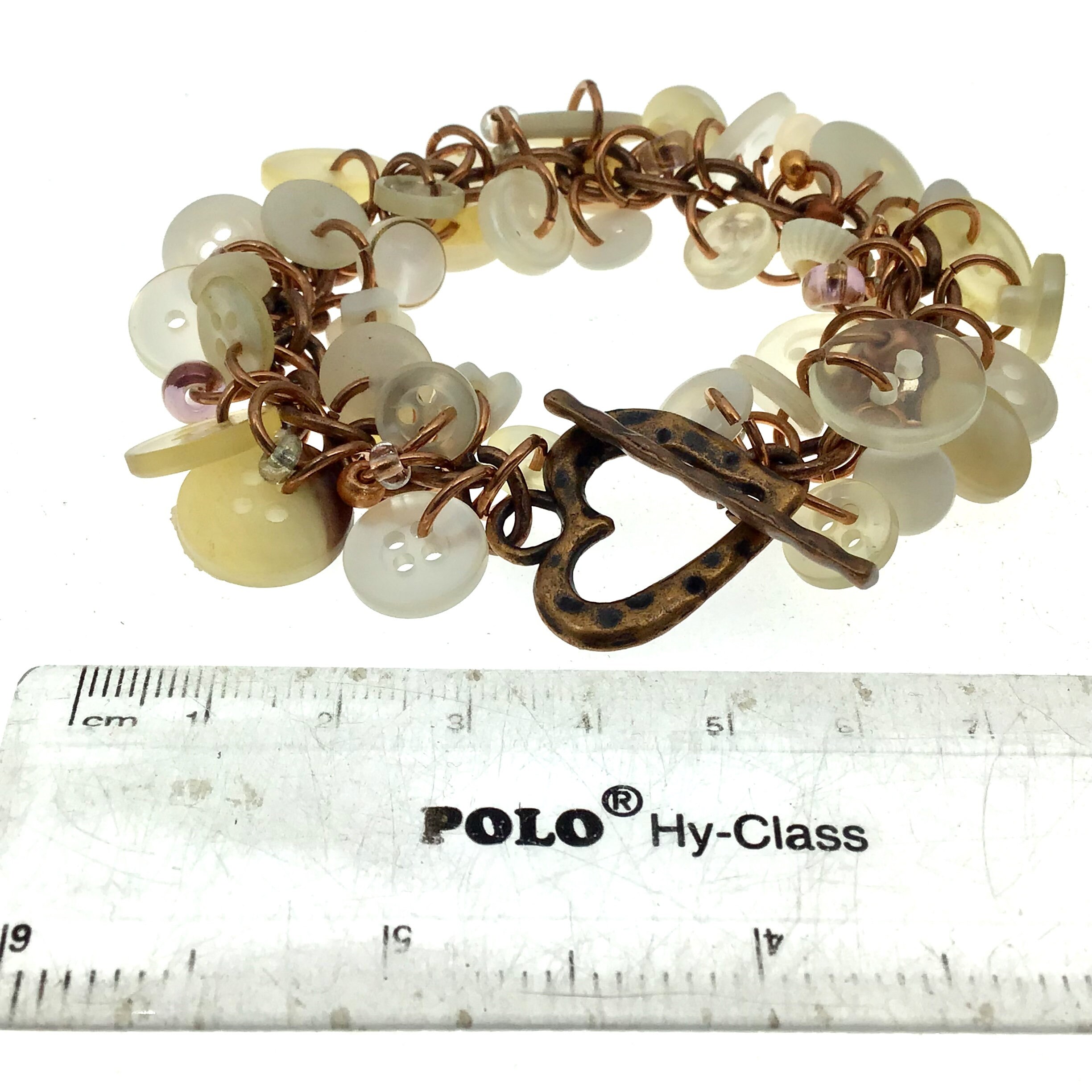 Copper Vintage Button Charm Bracelet: Heart Clasp, Boho Jewelry - Etsy