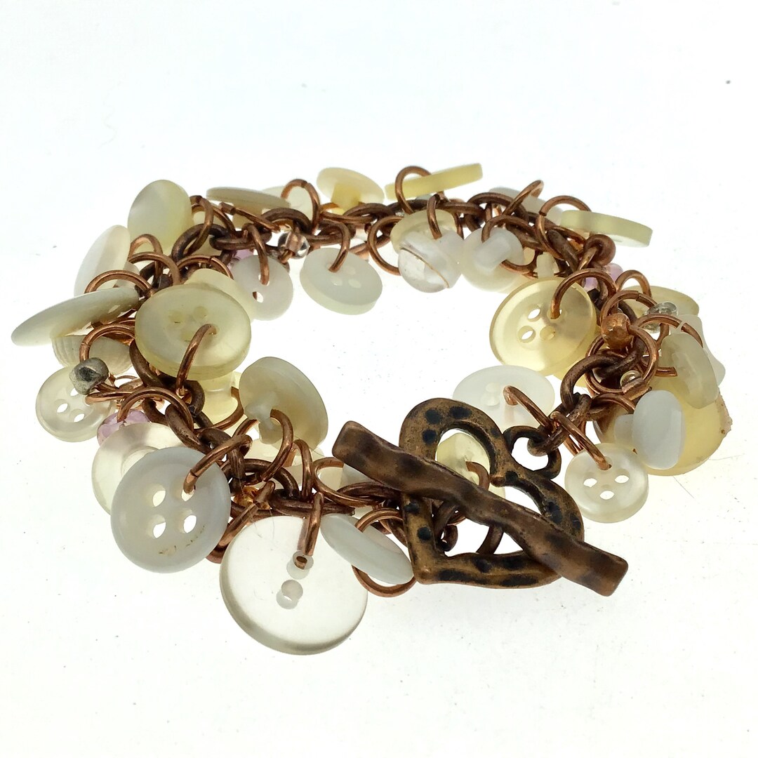 Copper Vintage Button Charm Bracelet: Heart Clasp, Boho Jewelry - Etsy