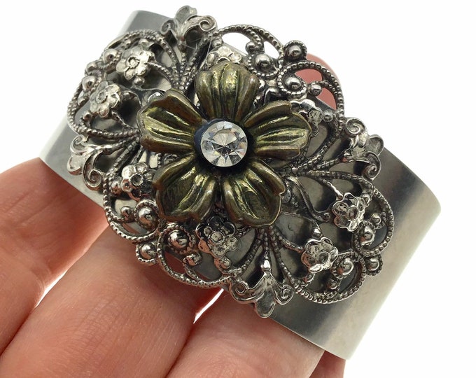 Upcycled Filigree Brooch Cuff Bracelet, Assemblage Cuff Bangle, Vintage ...